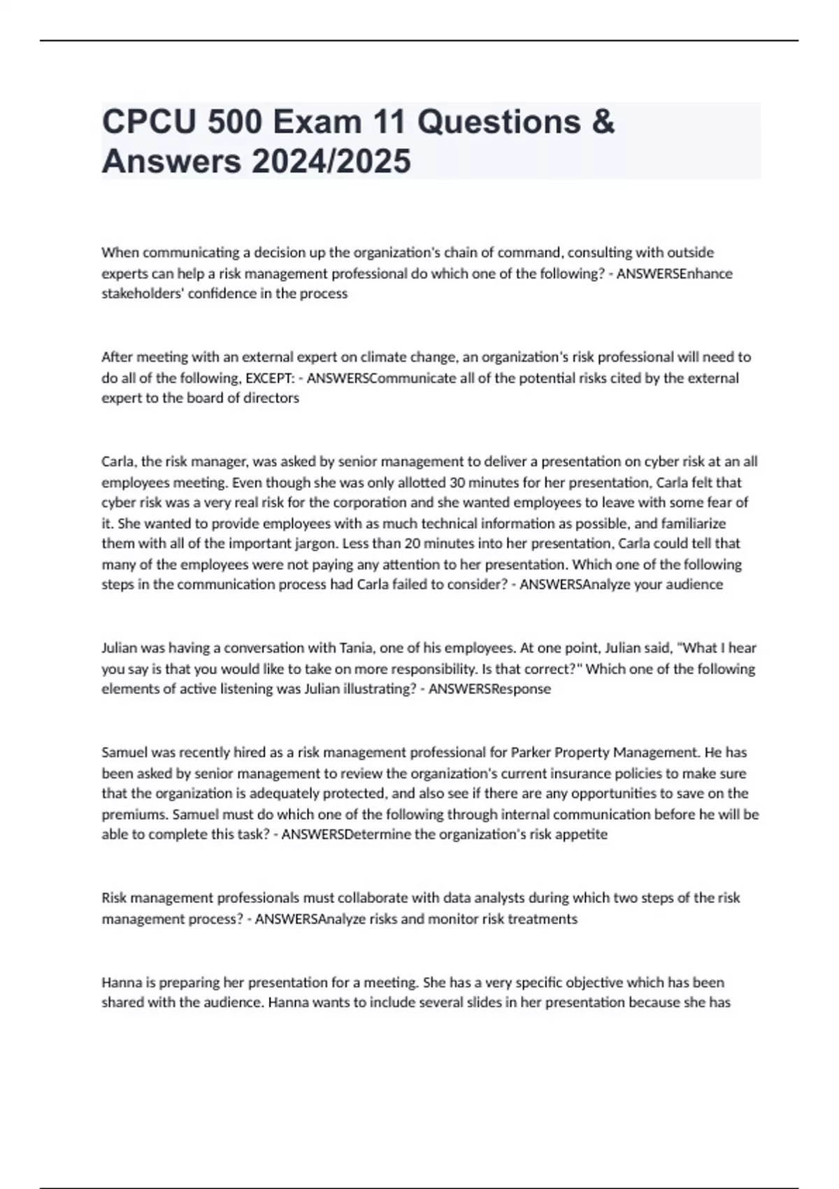 CPCU 500 Exam 11 Questions & Answers 2024/2025 - CPCU 500 - Stuvia US