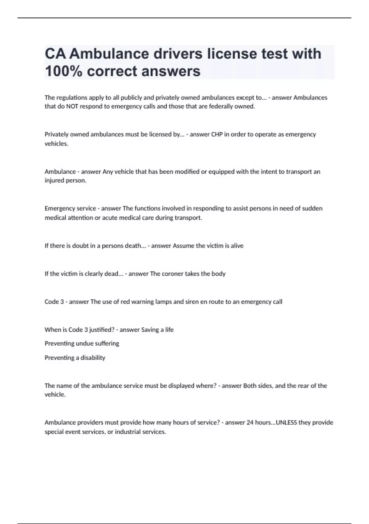 CA Ambulance drivers license test with 100% correct answers - Ambulance ...