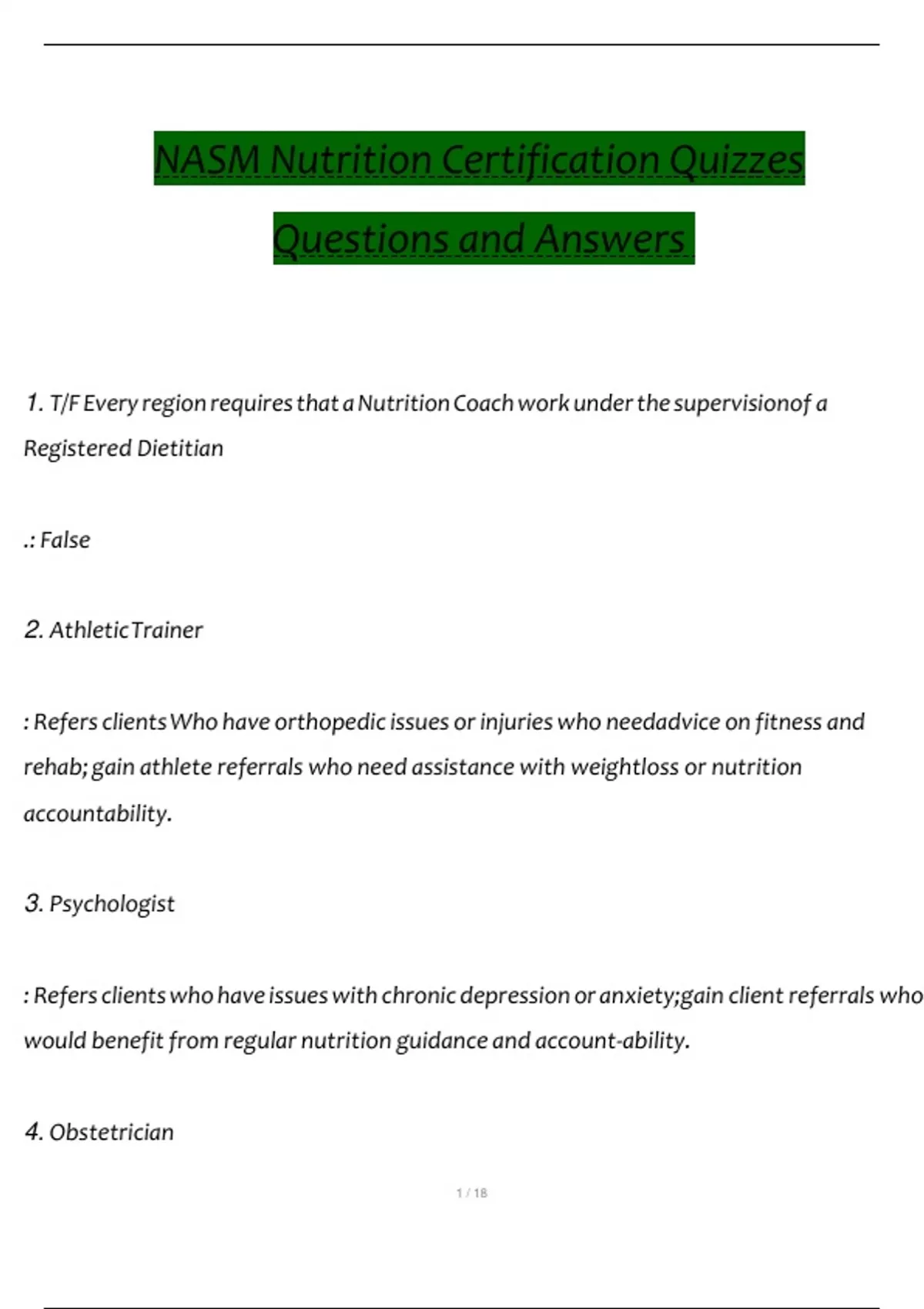 NASM Nutrition Certification Quizzes Questions and Answers (2024 / 2025 ...