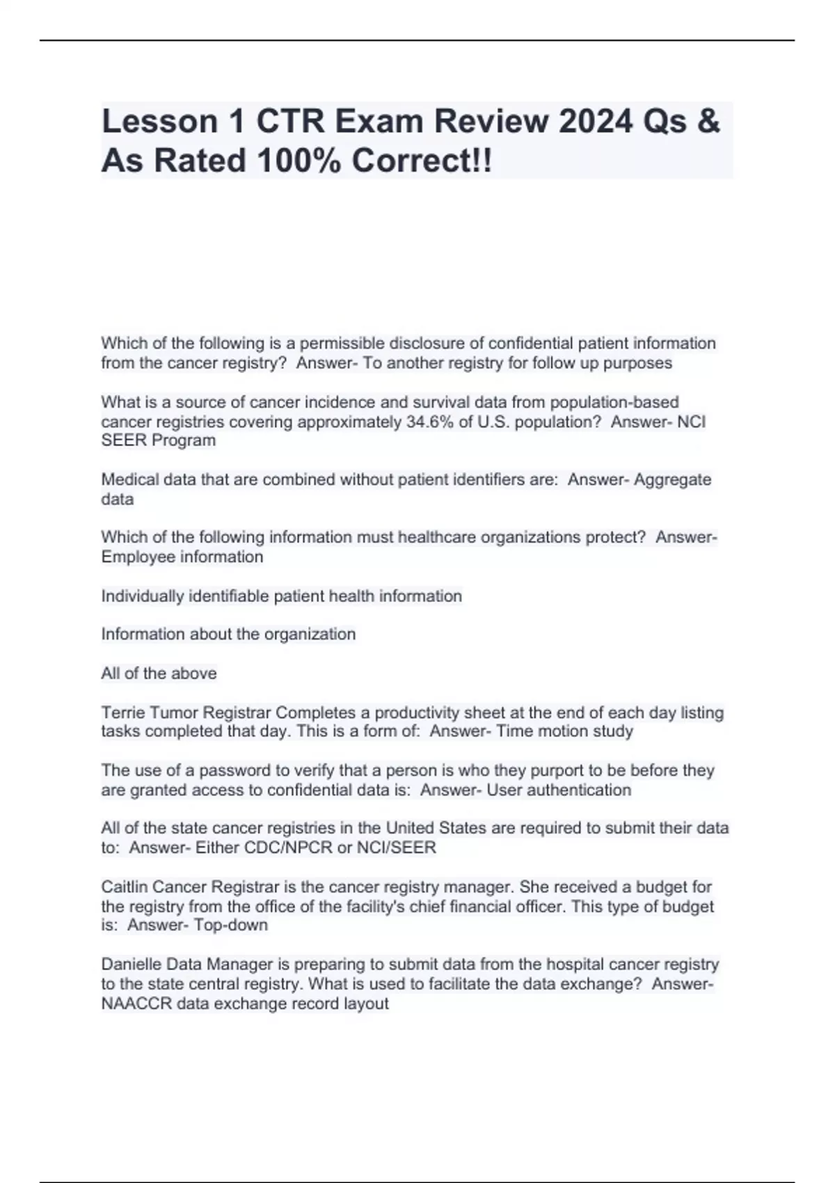 Lesson 1 CTR Exam Review 2024 Qs & As Rated 100% Correct!! - CTR ...