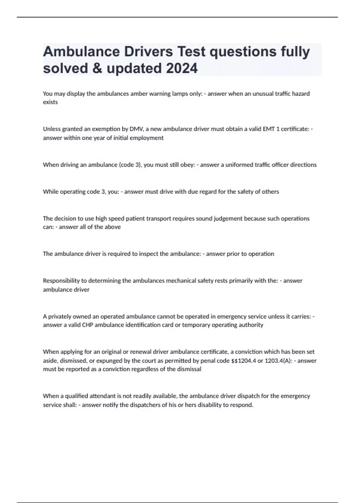 Ambulance Drivers Test questions fully solved & updated 2024 ...