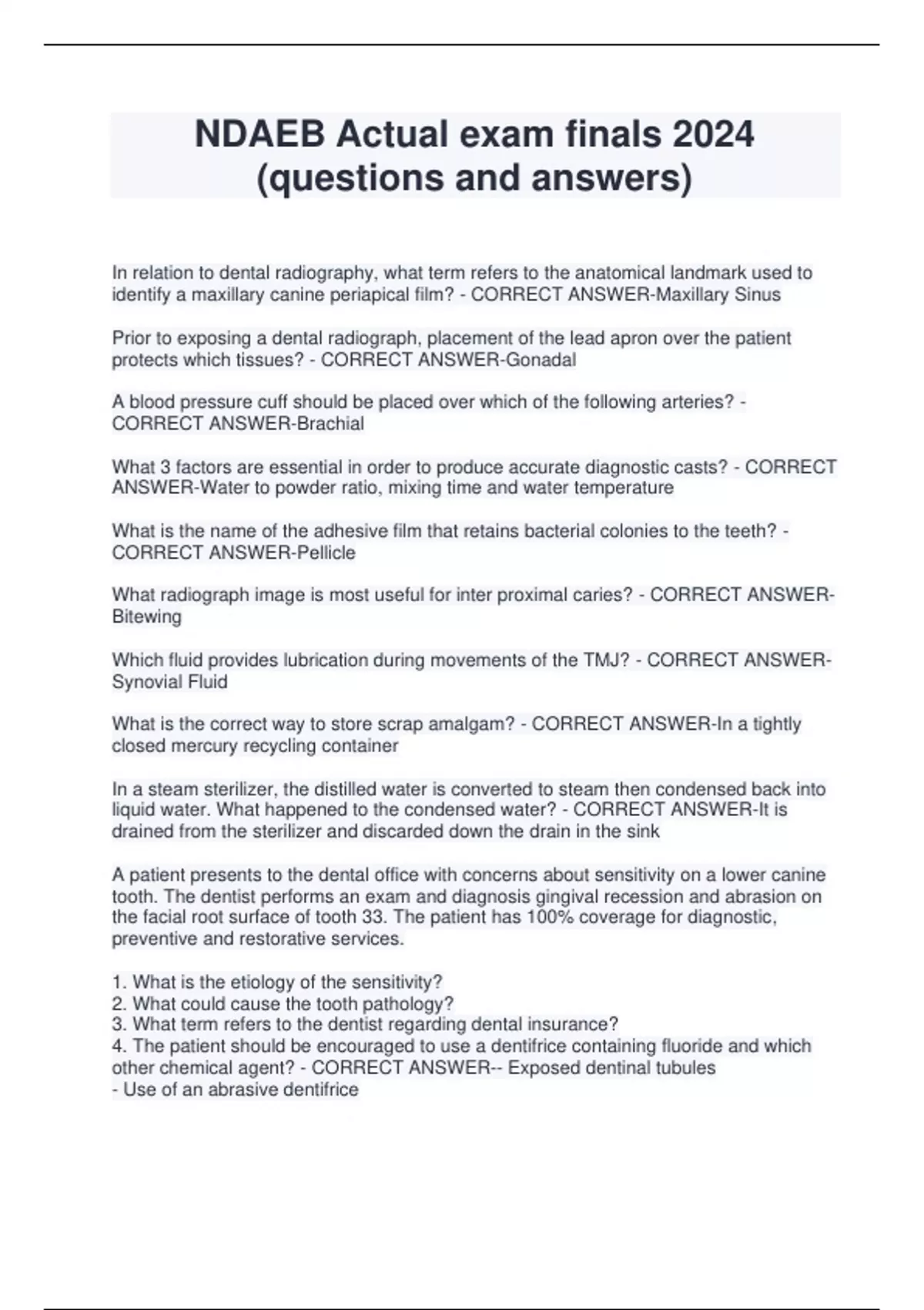 NDAEB Actual exam finals 2024 (questions and answers) - NDAEB - Stuvia US