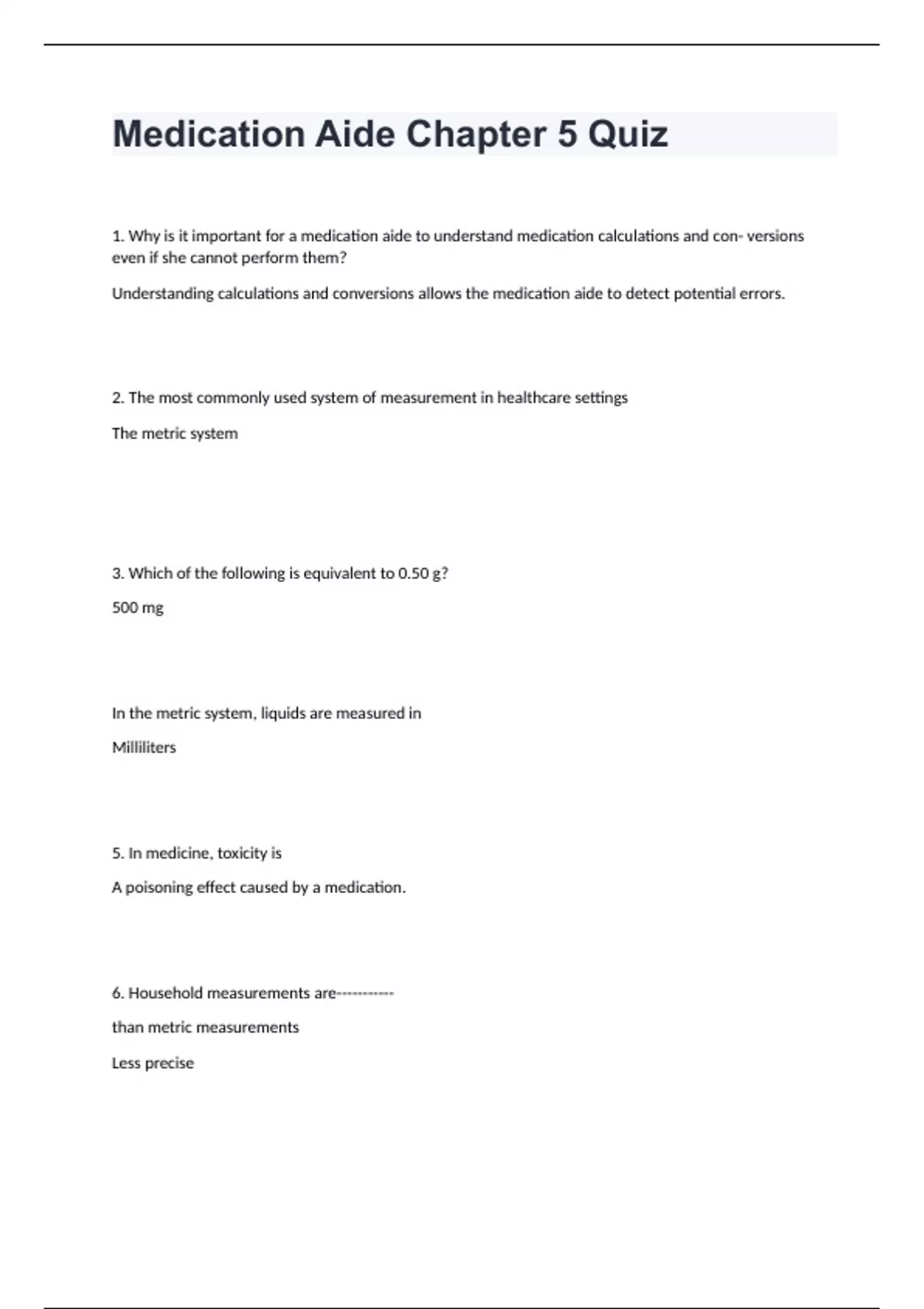 Medication Aide Chapter 5 Quiz with answers 2024/2025 - Medication Aide ...