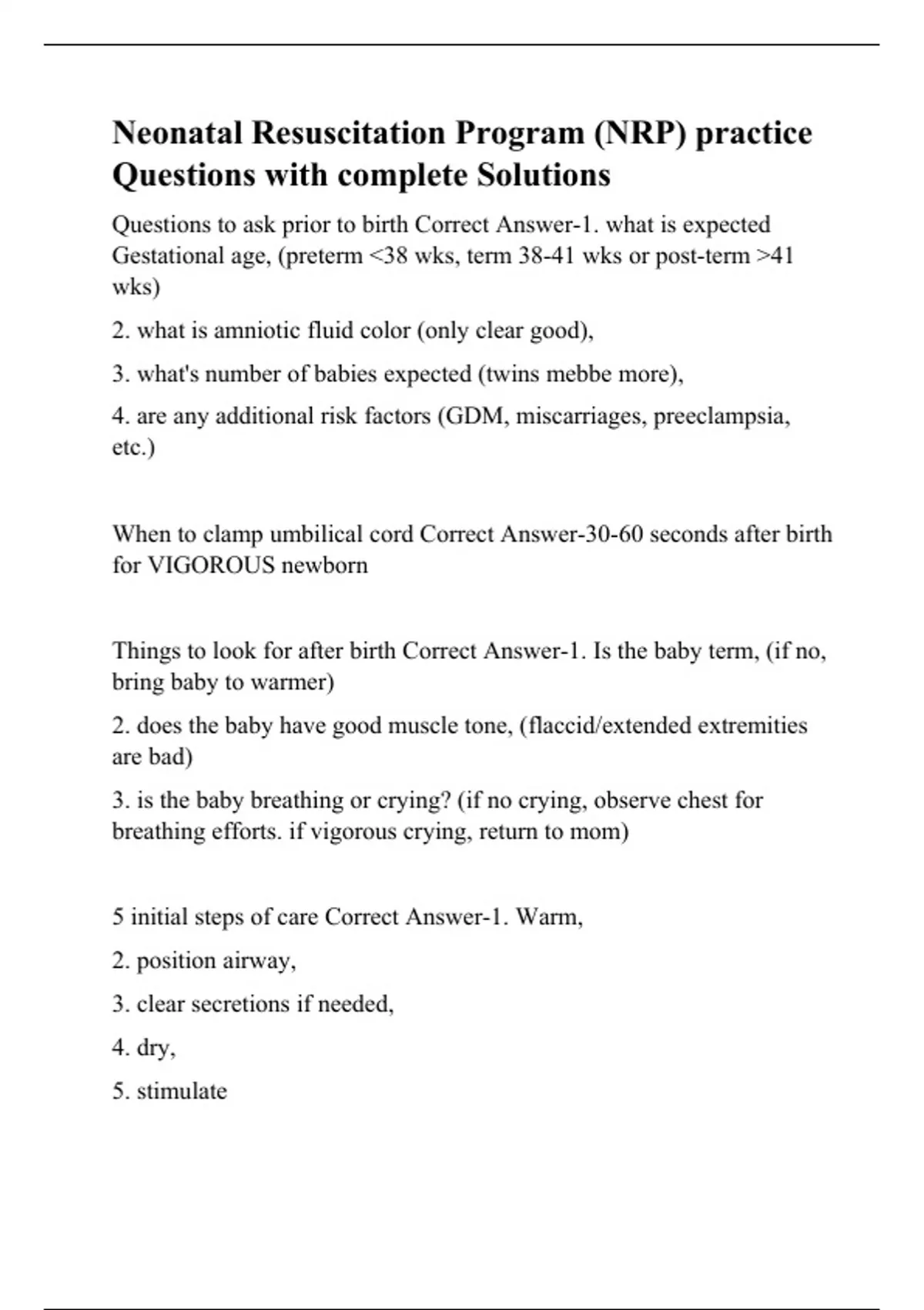 Neonatal Resuscitation Program (NRP) practice Questions with complete Solutions - Neonatal ...