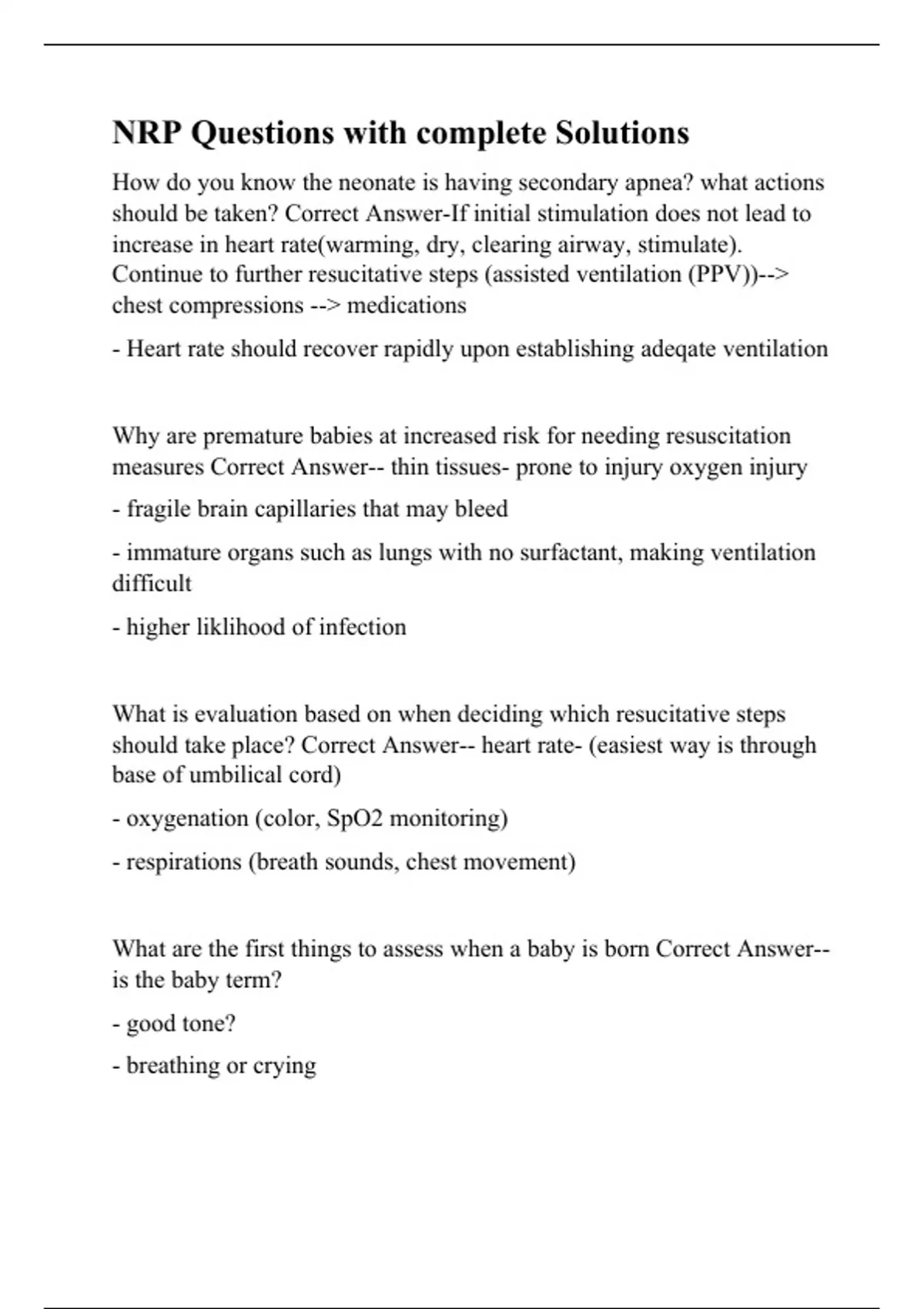 NRP Questions with complete Solutions. - Neonatal Resuscitation Program - Stuvia US