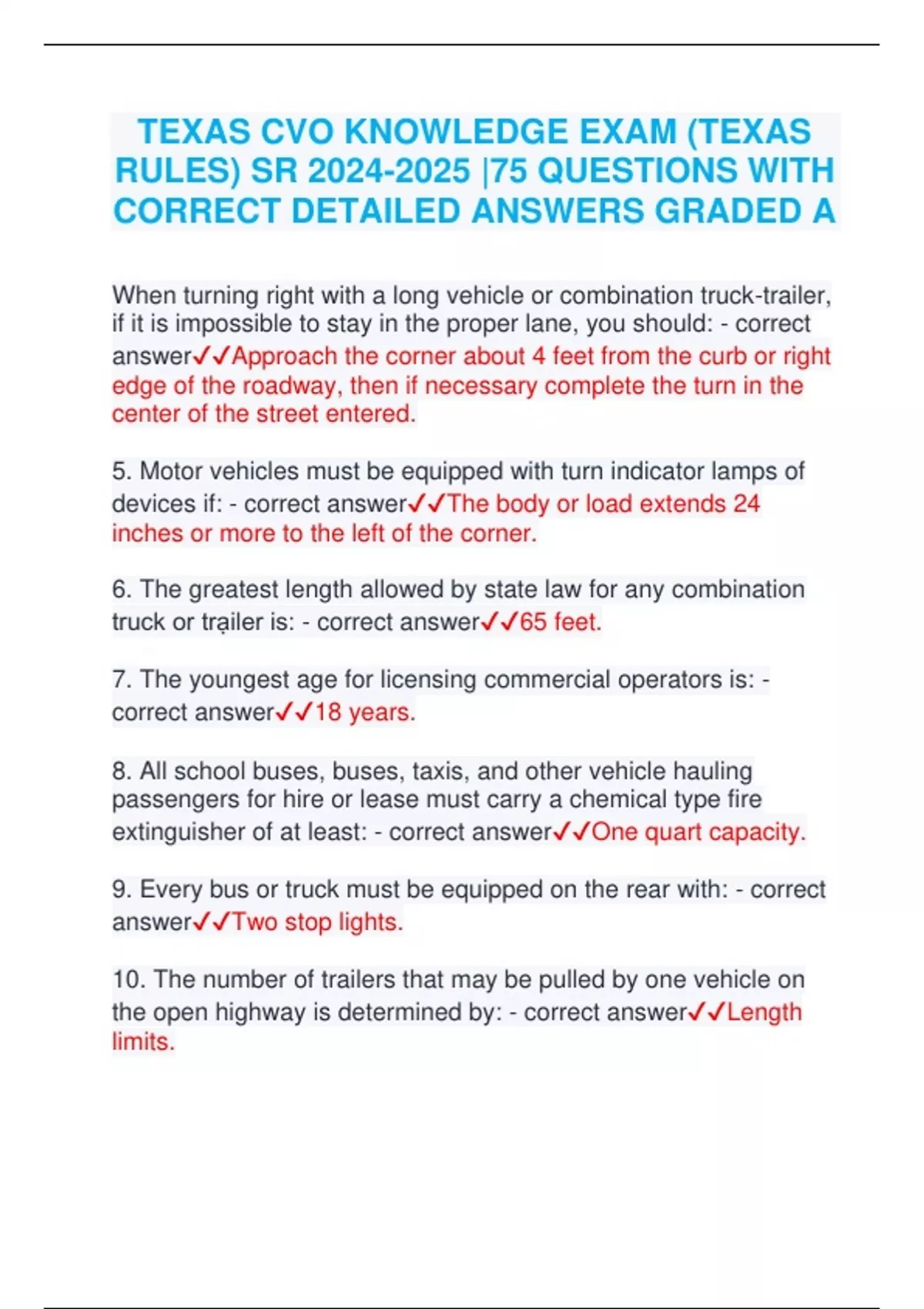 TEXAS CVO KNOWLEDGE EXAM (TEXAS RULES) SR |75 QUESTIONS WITH CORRECT ...