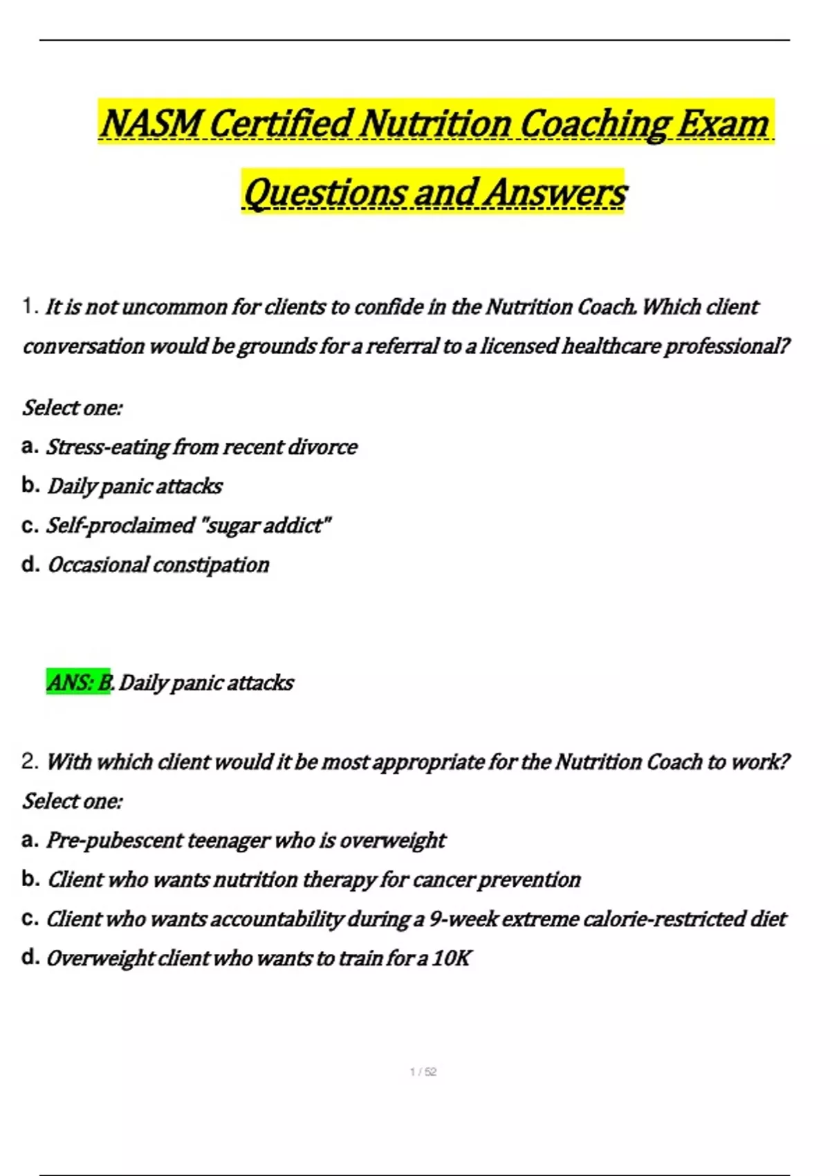NASM Certified Nutrition Coaching Exam Questions and Answers (2024 / ...