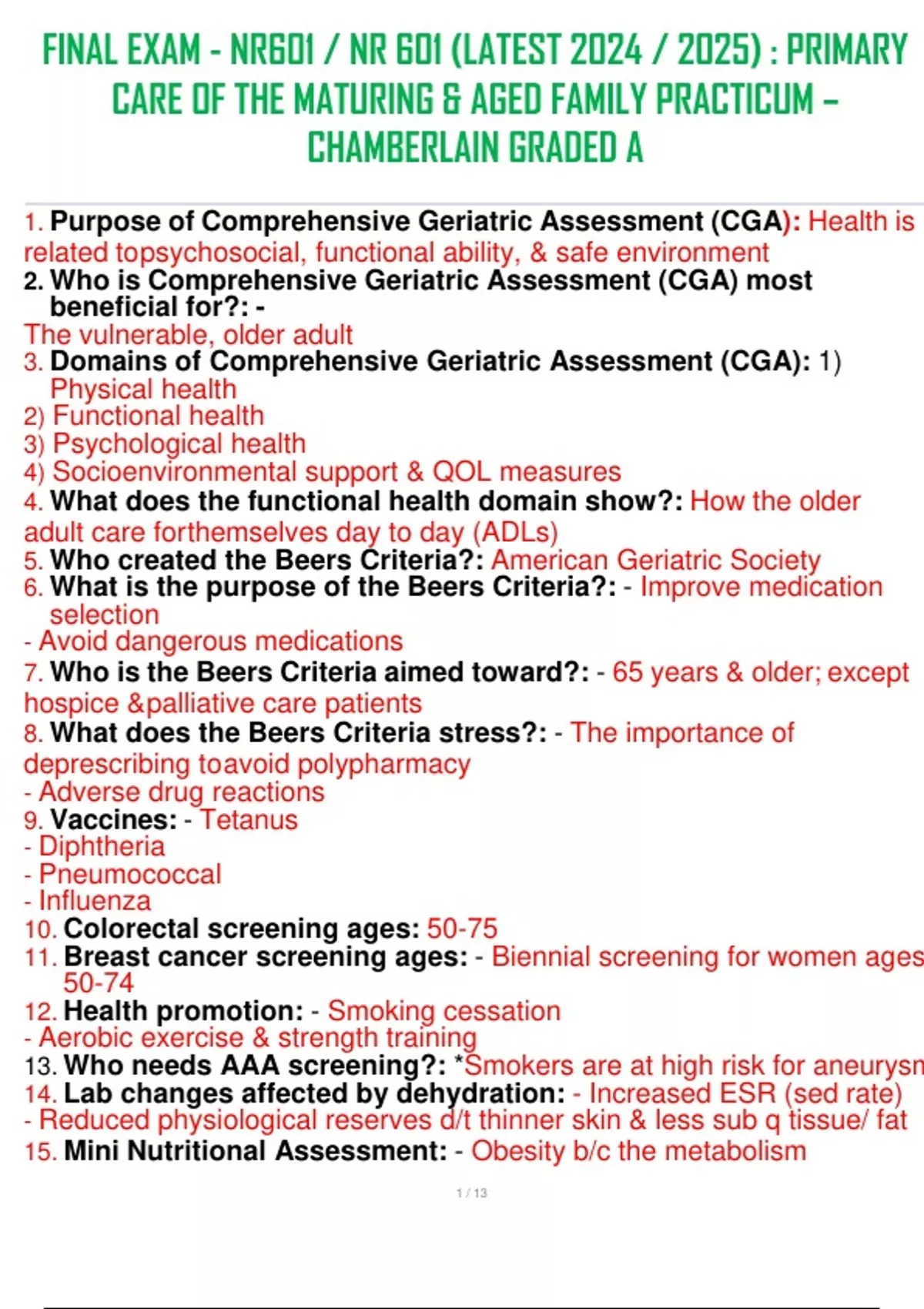 FINAL EXAM - NR601 / NR 601 (LATEST 2024 / 2025) : PRIMARY CARE OF THE ...