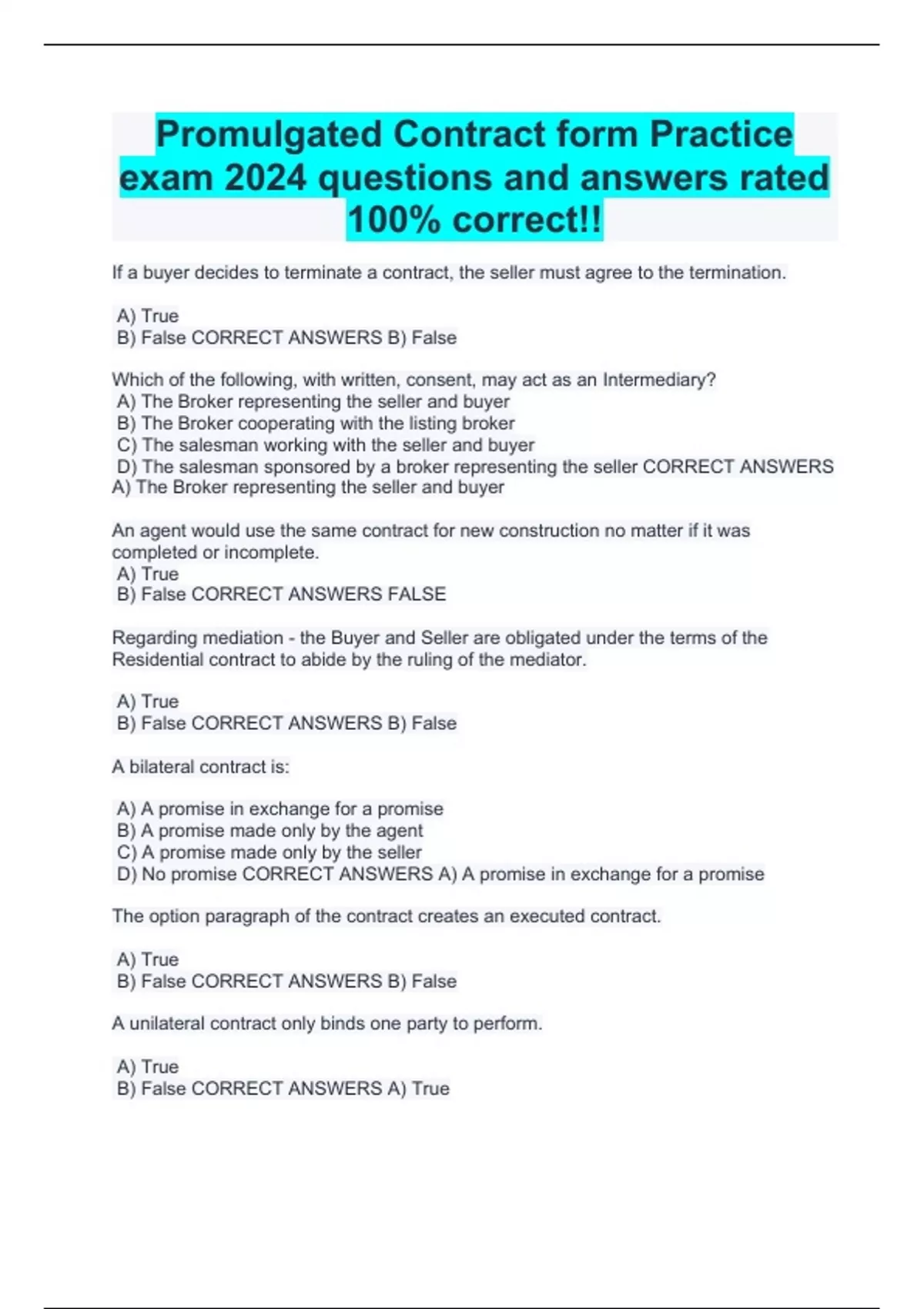 Promulgated Contract form Practice exam 2024 questions and answers ...