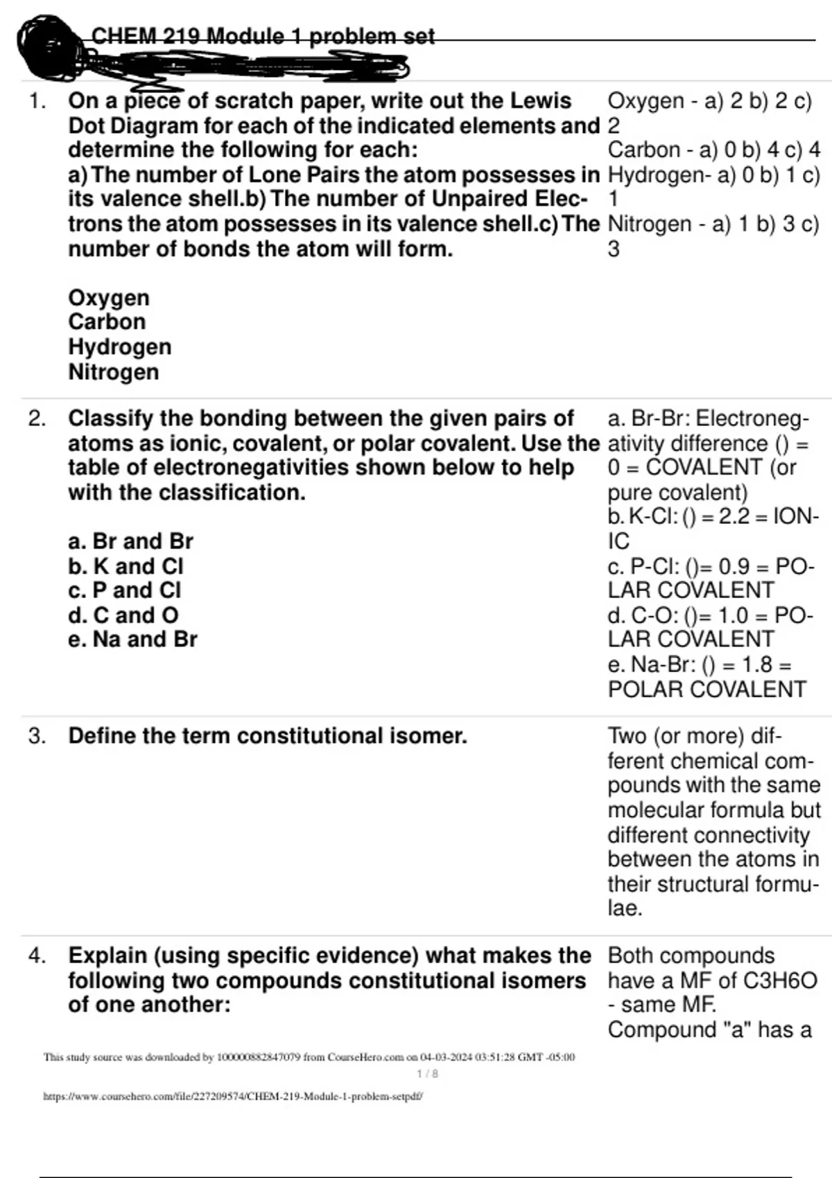 CHEM 219 Module 1 problem set Questions and Correct Answers, With Complete Solution 2024. Actual ...
