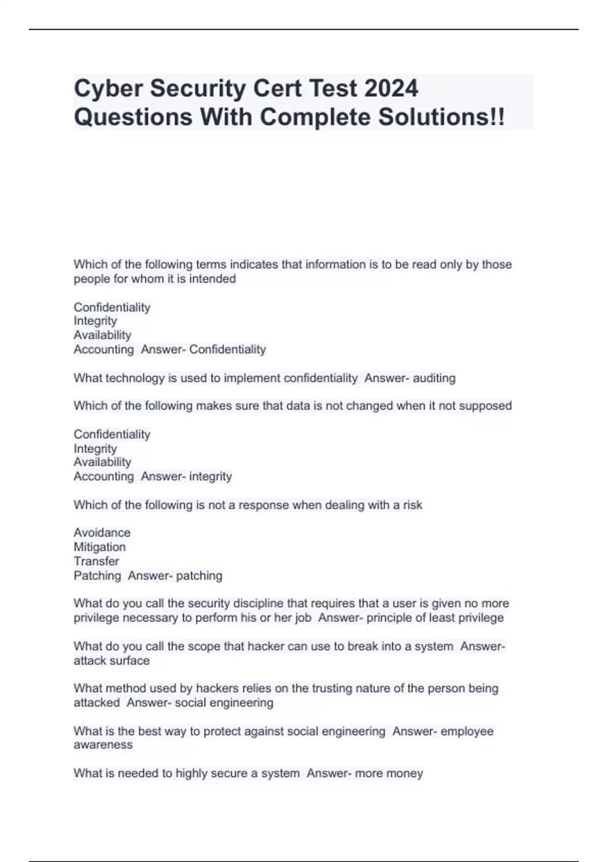 Cyber Security Cert Test 2024 Questions With Complete Solutions Cyber Security Cert Stuvia Us