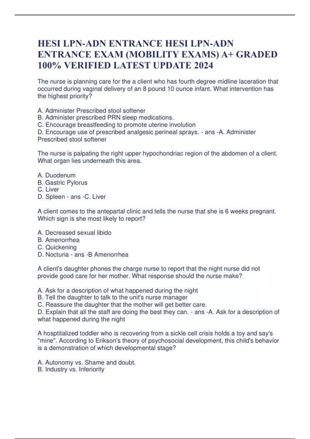 HESI LPN-ADN ENTRANCE HESI LPN-ADN ENTRANCE EXAM (MOBILITY EXAMS) A+ ...