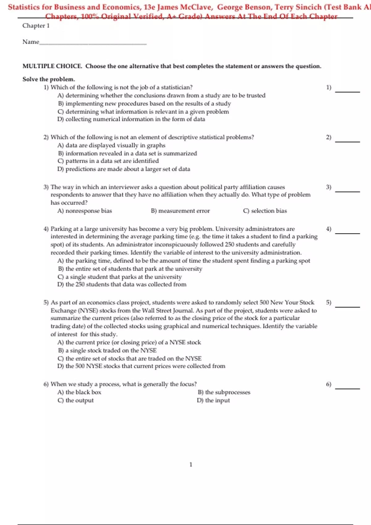 Solutions Manual With Test Bank for Statistics for Business and ...