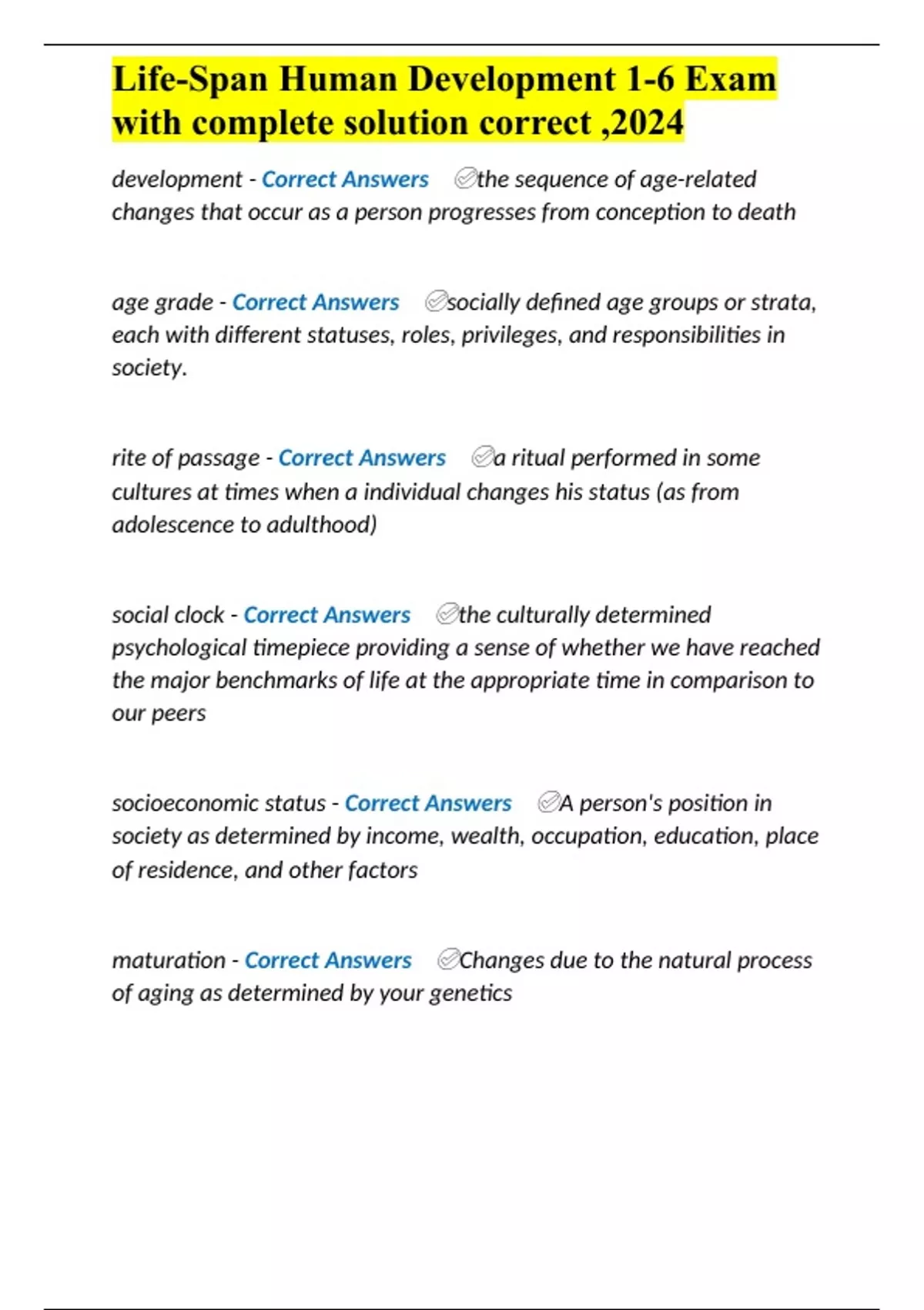 Life-Span Human Development 1-6 Exam with complete solution correct ...