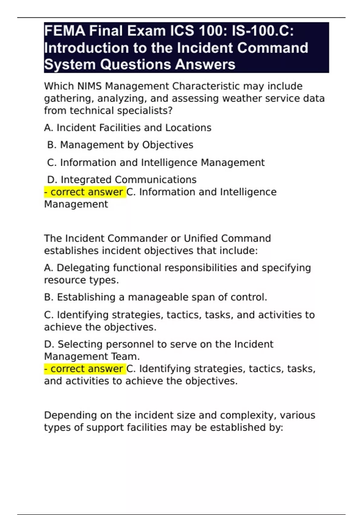 FEMA Final Exam ICS 100: IS-100.C: Introduction to the Incident Command ...