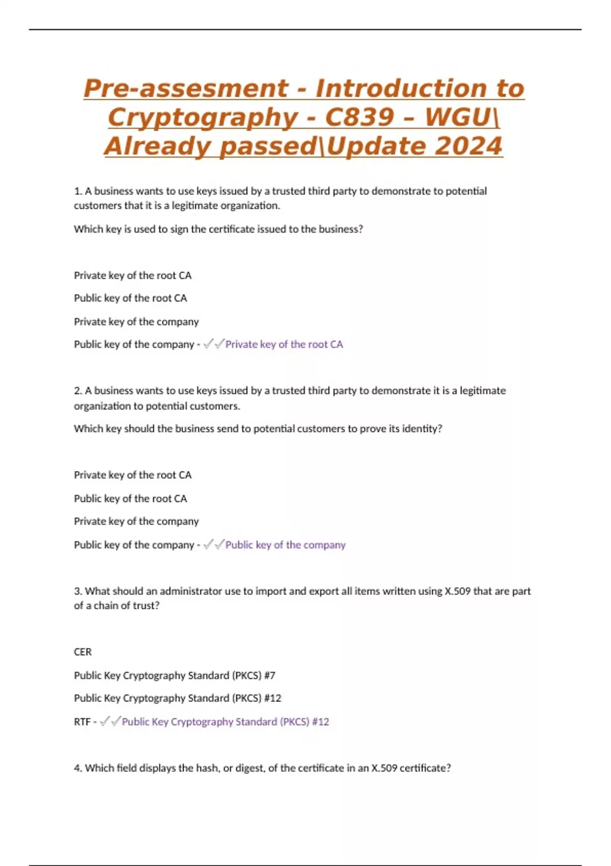 Pre-assesment - Introduction to Cryptography - C839 – WGUAlready passedUpdate 2024 - C839 ...