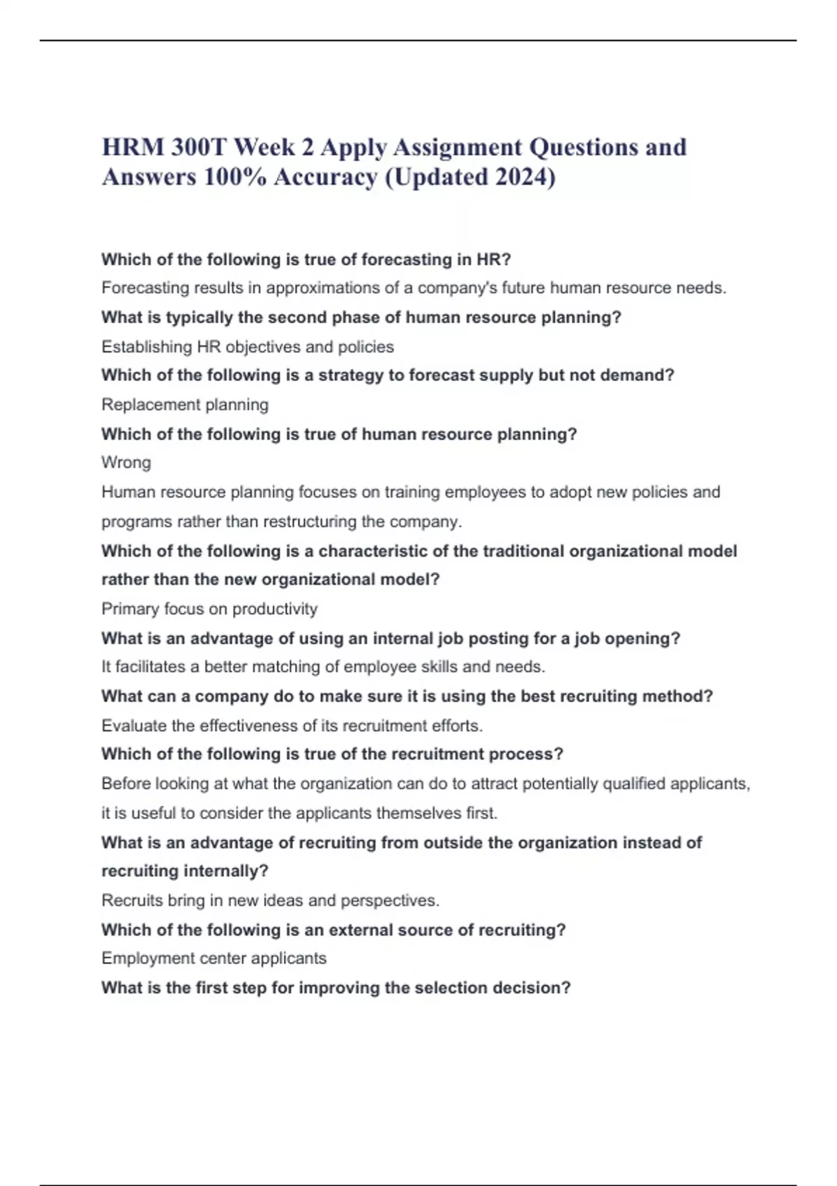 HRM 300T Week 2 Apply Assignment Questions and Answers 100% Accuracy ...