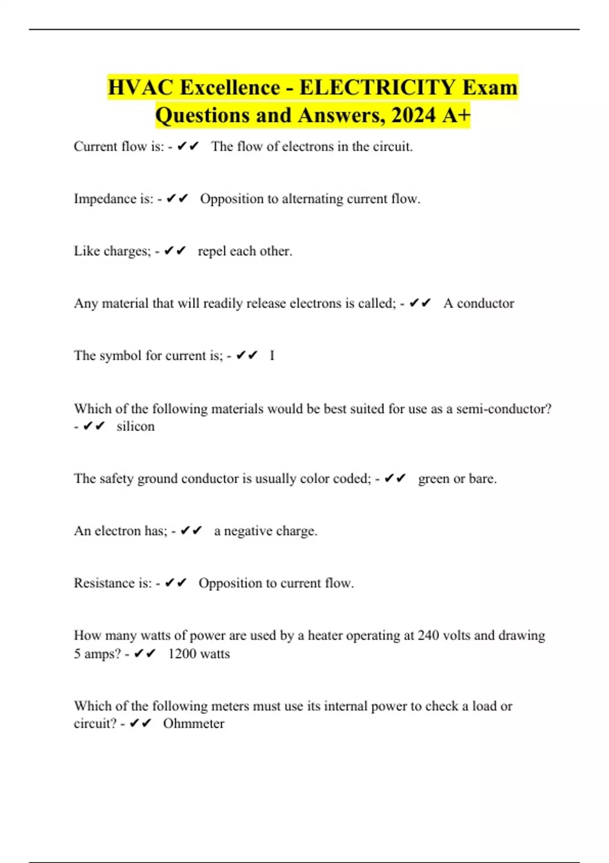HVAC Excellence - ELECTRICITY Exam Questions and Answers, 2024 A+ ...
