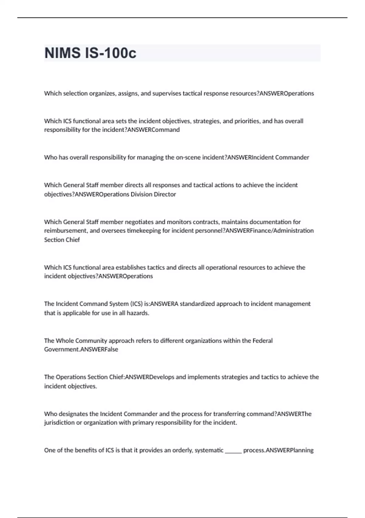 NIMS IS-100c Practice Questions With Correct Answers 2024 (GRADED A+ ...