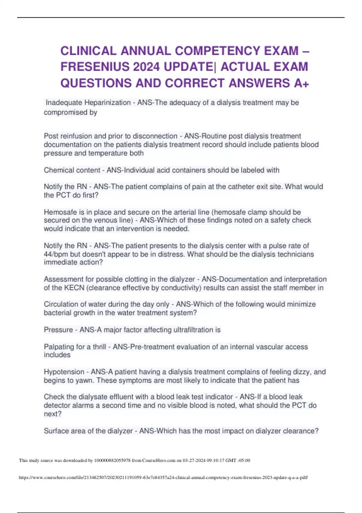 CLINICAL ANNUAL COMPETENCY EXAM – FRESENIUS 2024 UPDATE| ACTUAL EXAM ...