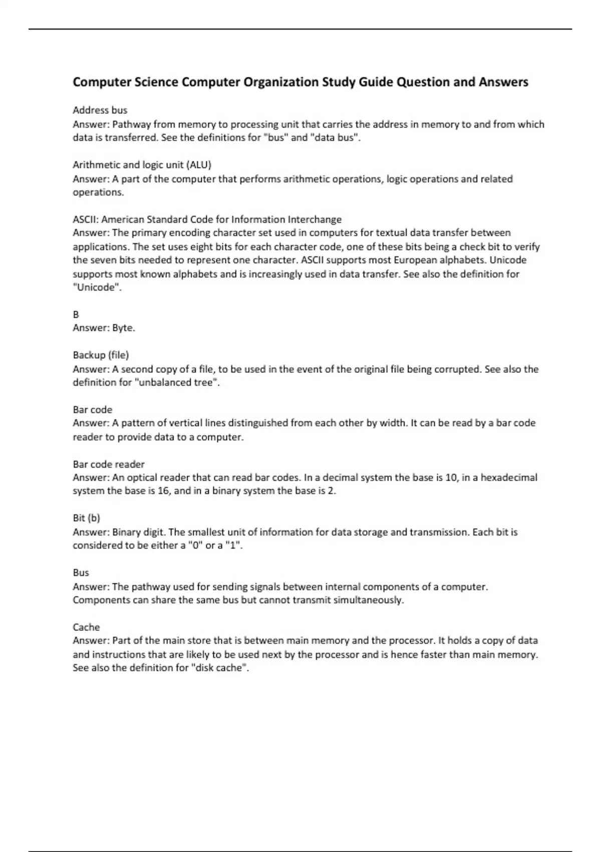 Computer Science Computer Organization Study Guide Question and Answers ...