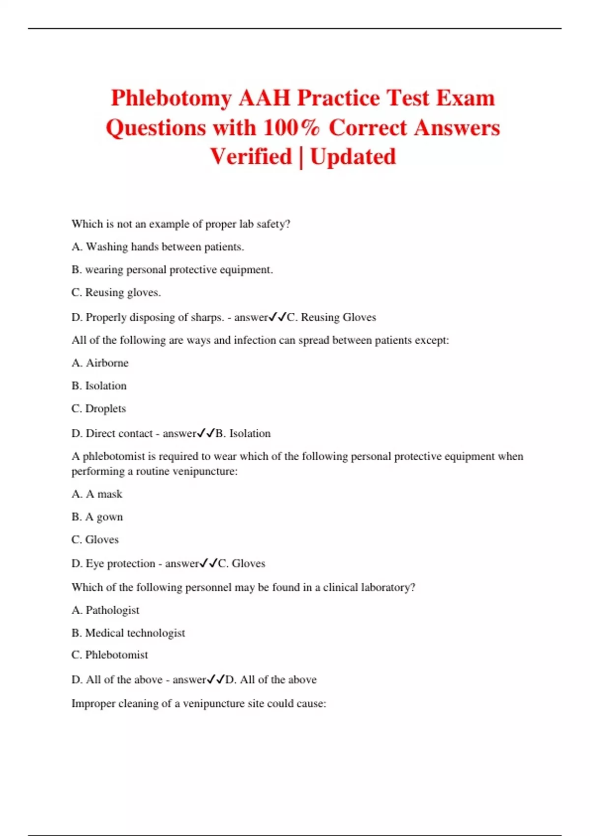 Phlebotomy AAH Practice Test Exam Questions with 100% Correct Answers ...
