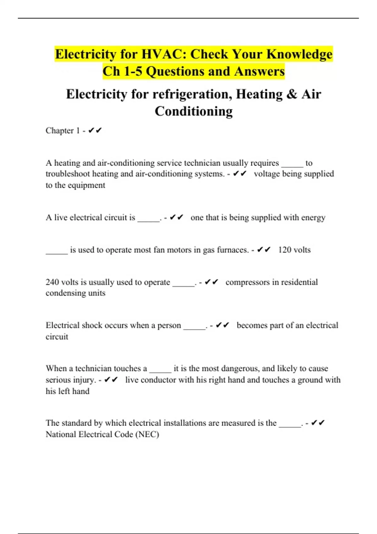 Electricity for HVAC: Check Your Knowledge Ch 1-5 Questions and Answers ...