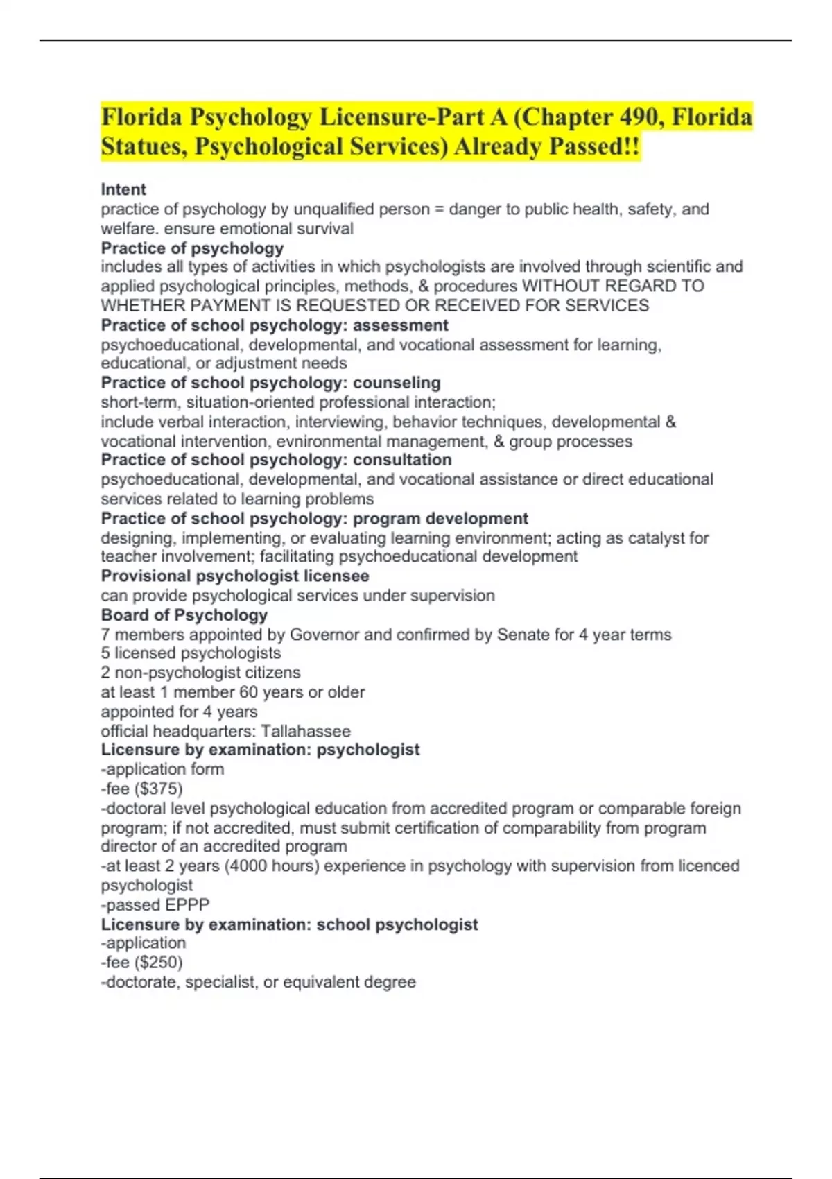 Florida Psychology Licensure-Part A (Chapter 490, Florida Statues ...