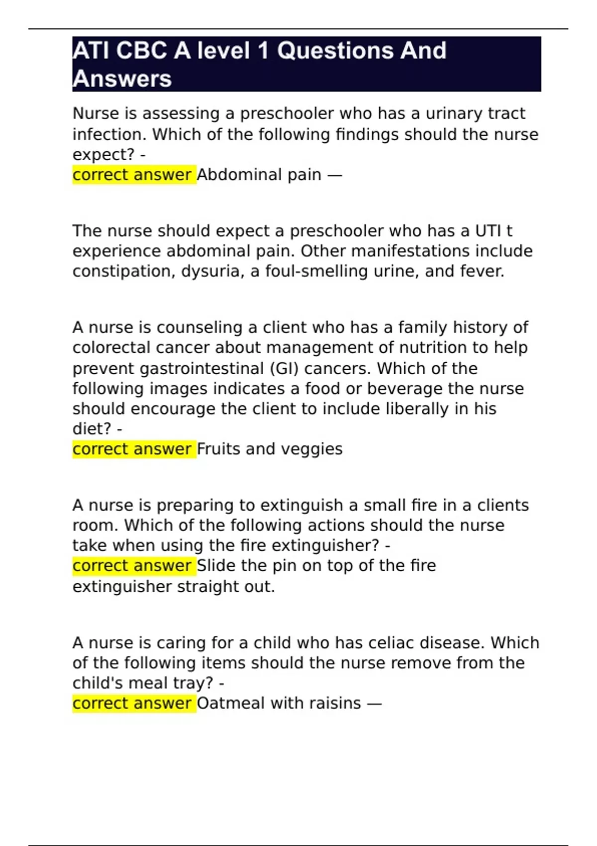 ATI CBC A level 1 Questions And Answers - ATI CBC - Stuvia US