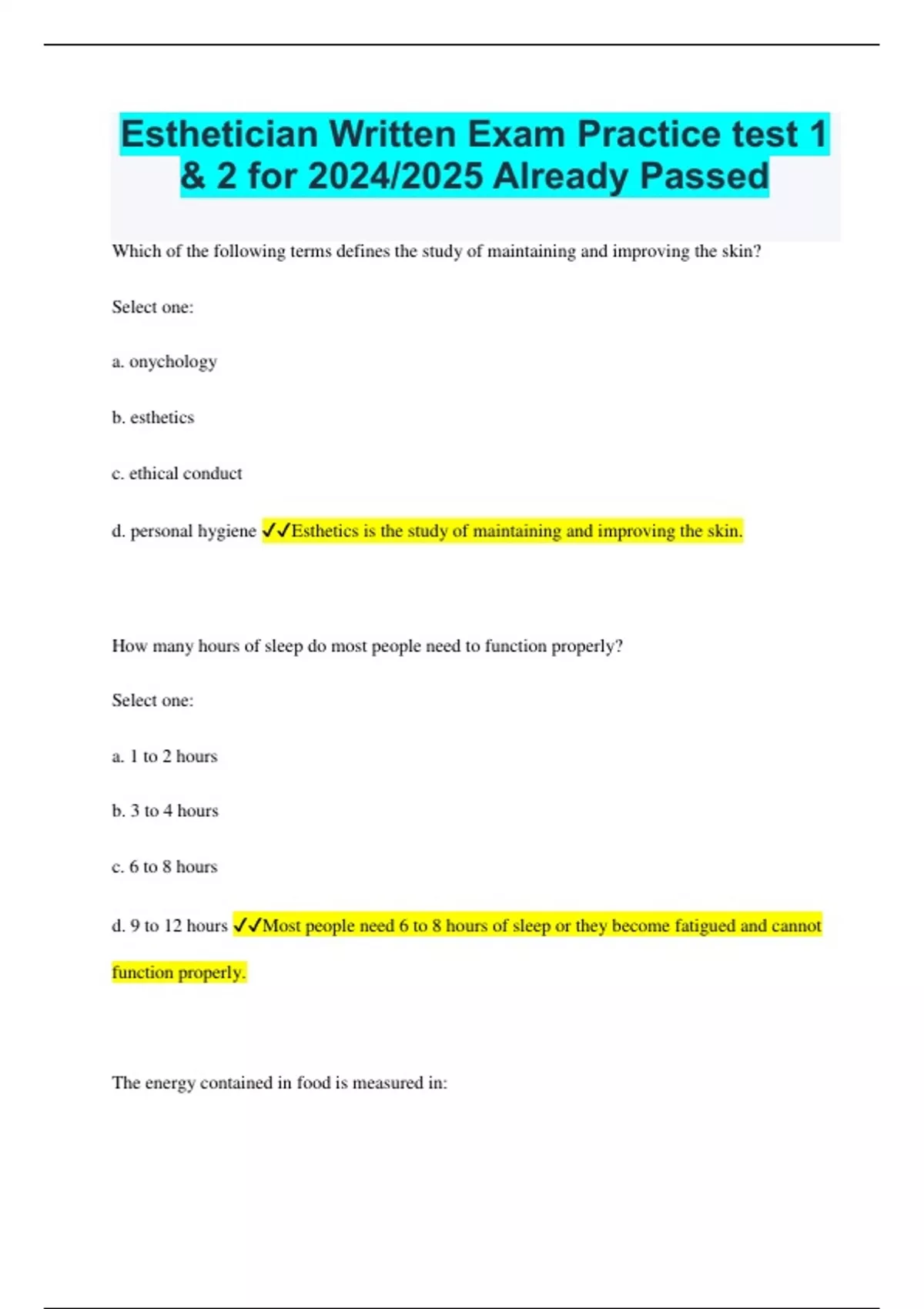 Esthetician Written Exam Practice test 1 & 2 for 2024/2025 Already ...