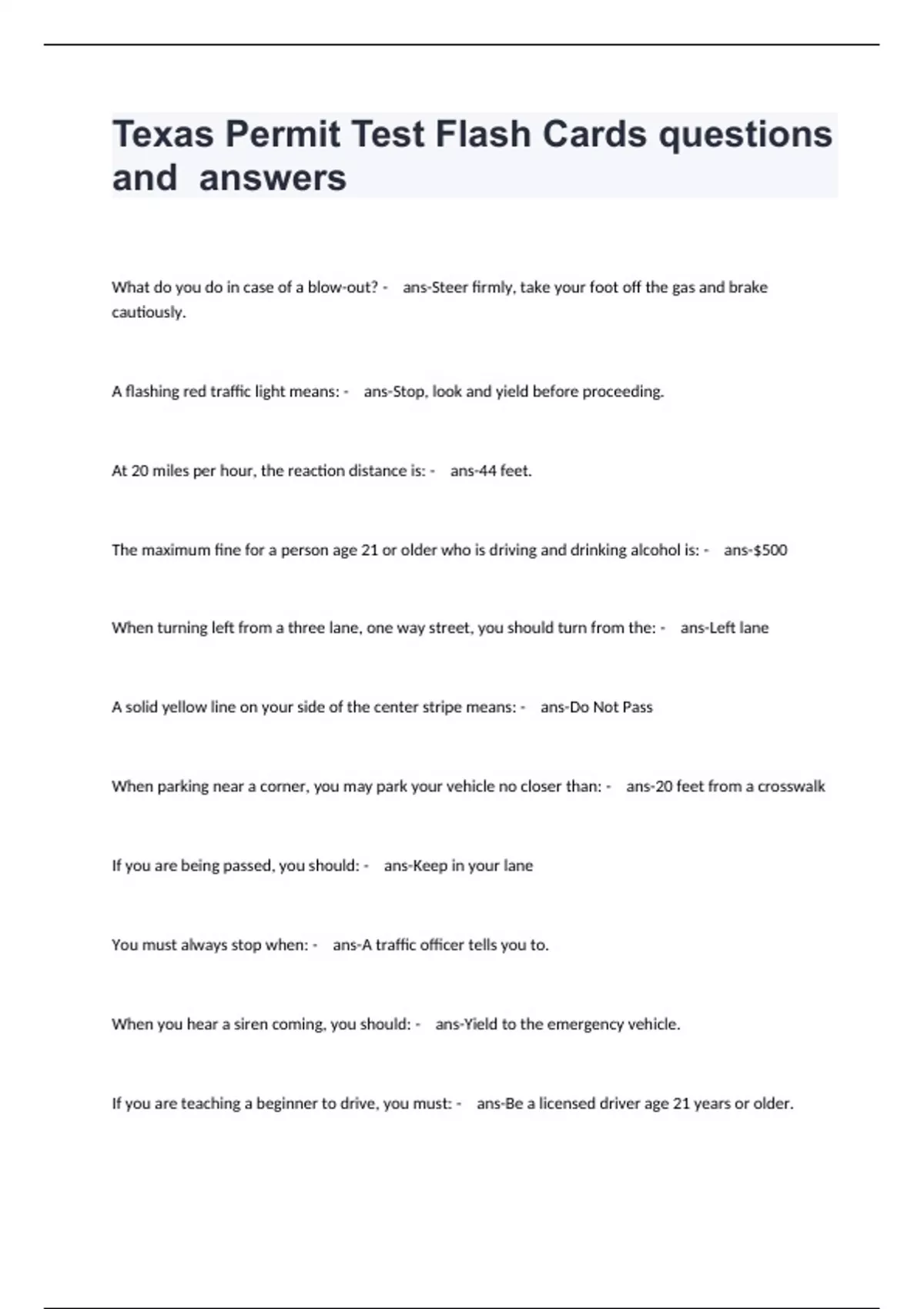 Texas Permit Test Flash Cards questions and answers - Washington ...