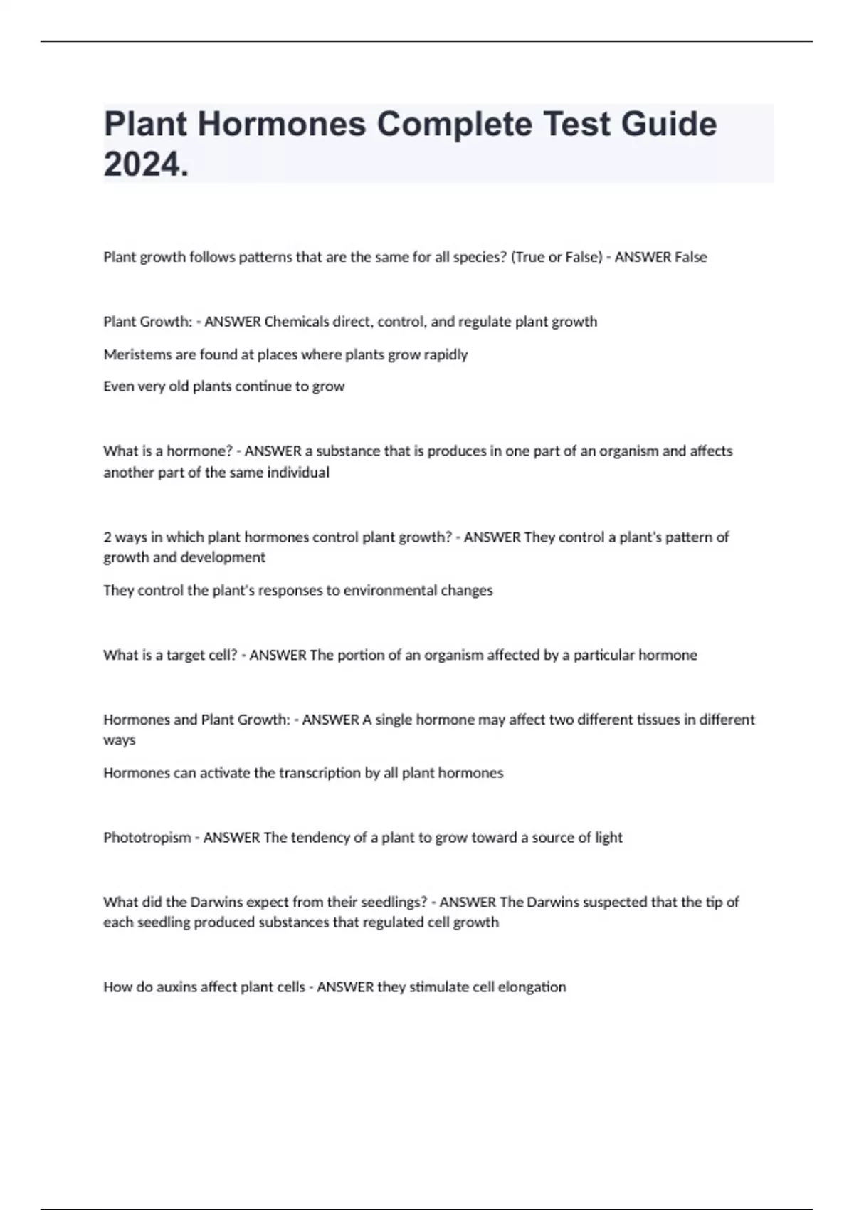 Plant Hormones Complete Test Guide 2024. - USABO - Stuvia US