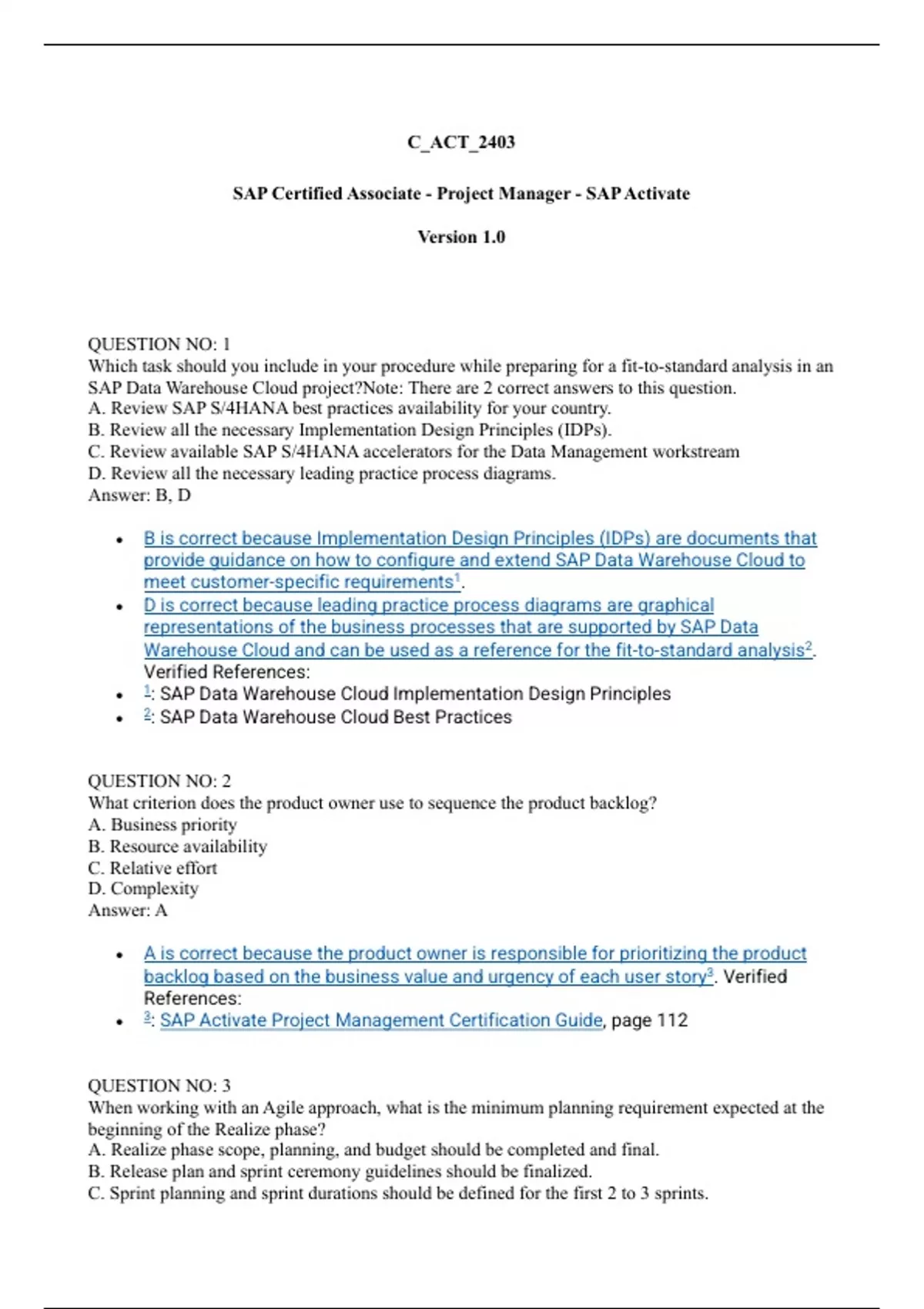 C_ACT_2403 - SAP Certified Associate – Project Manager - SAP Activate - SAP - Stuvia US