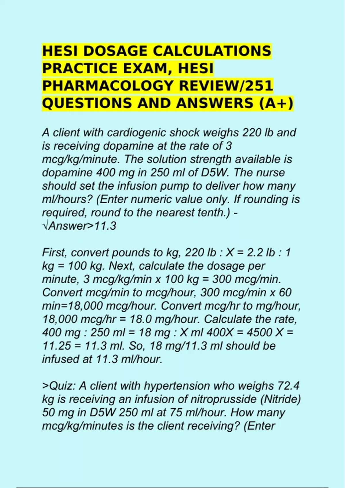 HESI DOSAGE CALCULATIONS PRACTICE EXAM, HESI PHARMACOLOGY REVIEW/251 ...