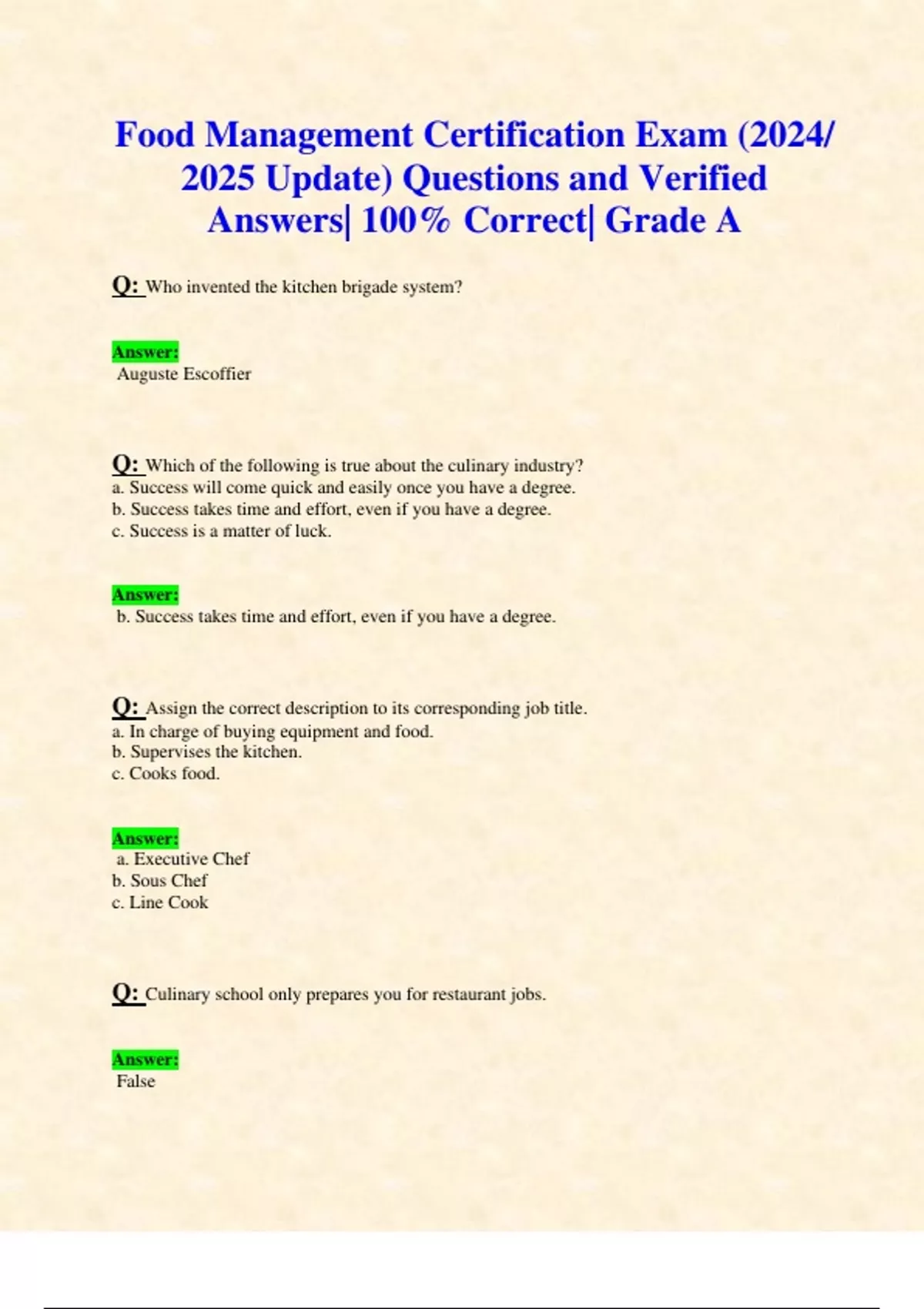 Food Service Management Certification Exam (2024/ 2025 Update ...