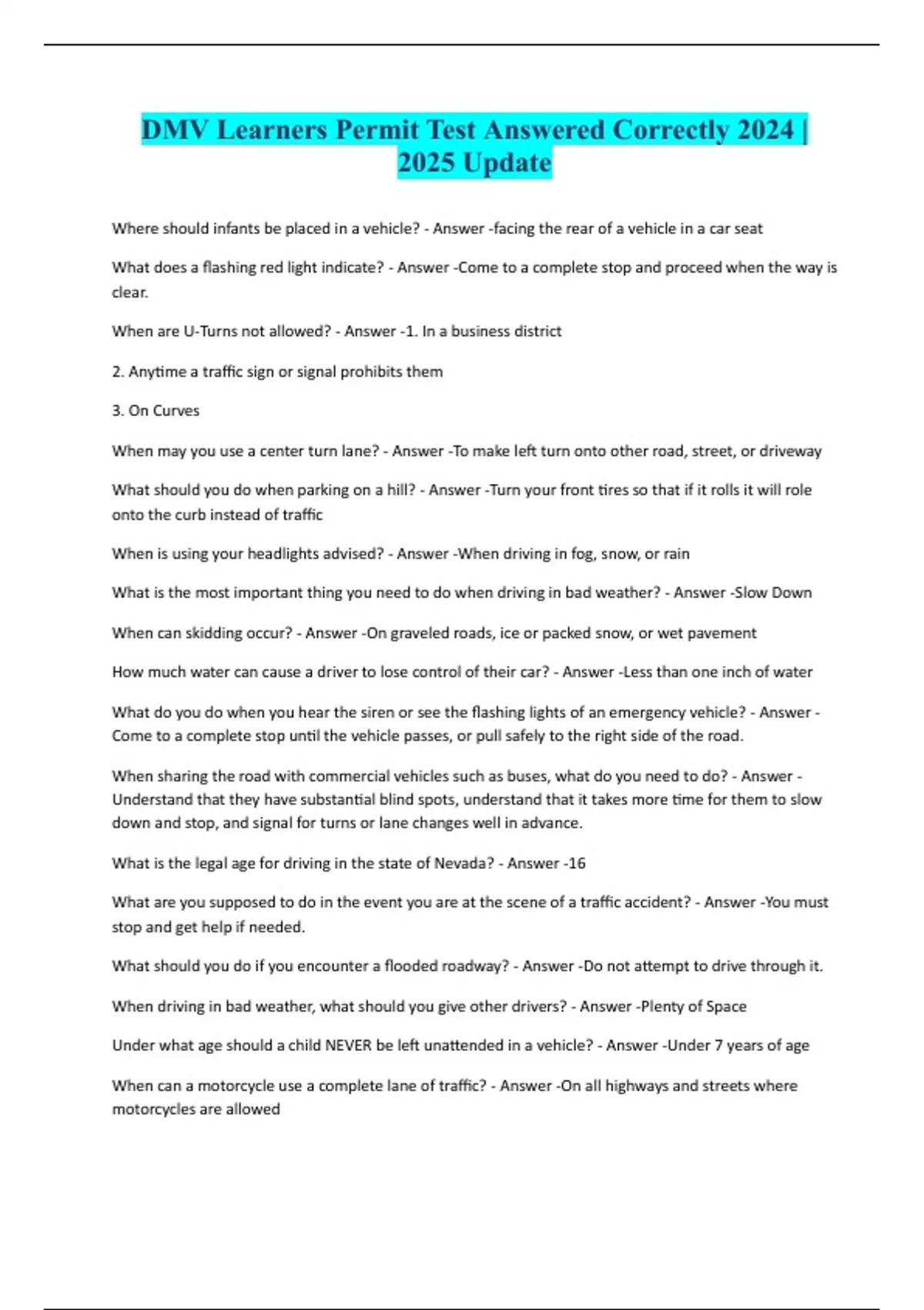 DMV Learners Permit Test Answered Correctly 2024 | 2025 Update - DMV ...