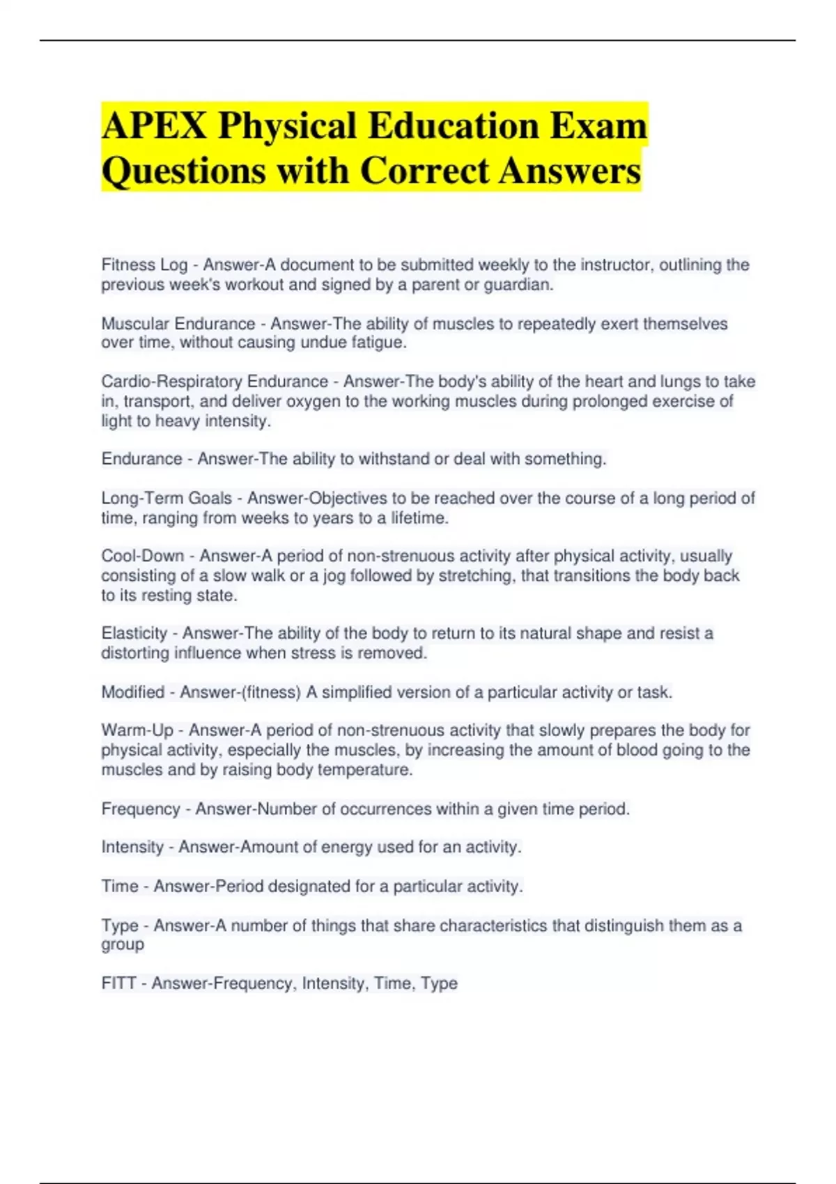 APEX Physical Education Exam Questions with Correct Answers - APEX ...