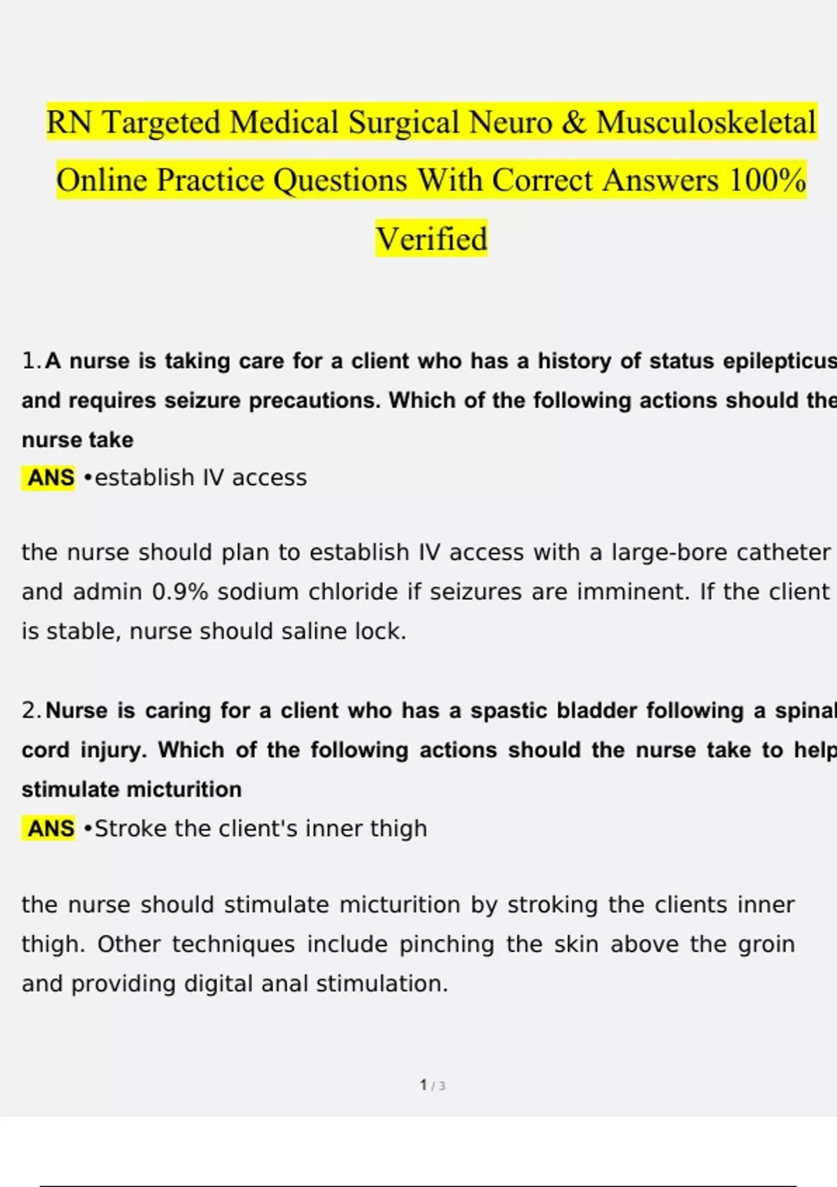 RN Targeted Medical Surgical Neuro & Musculoskeletal Online Practice ...