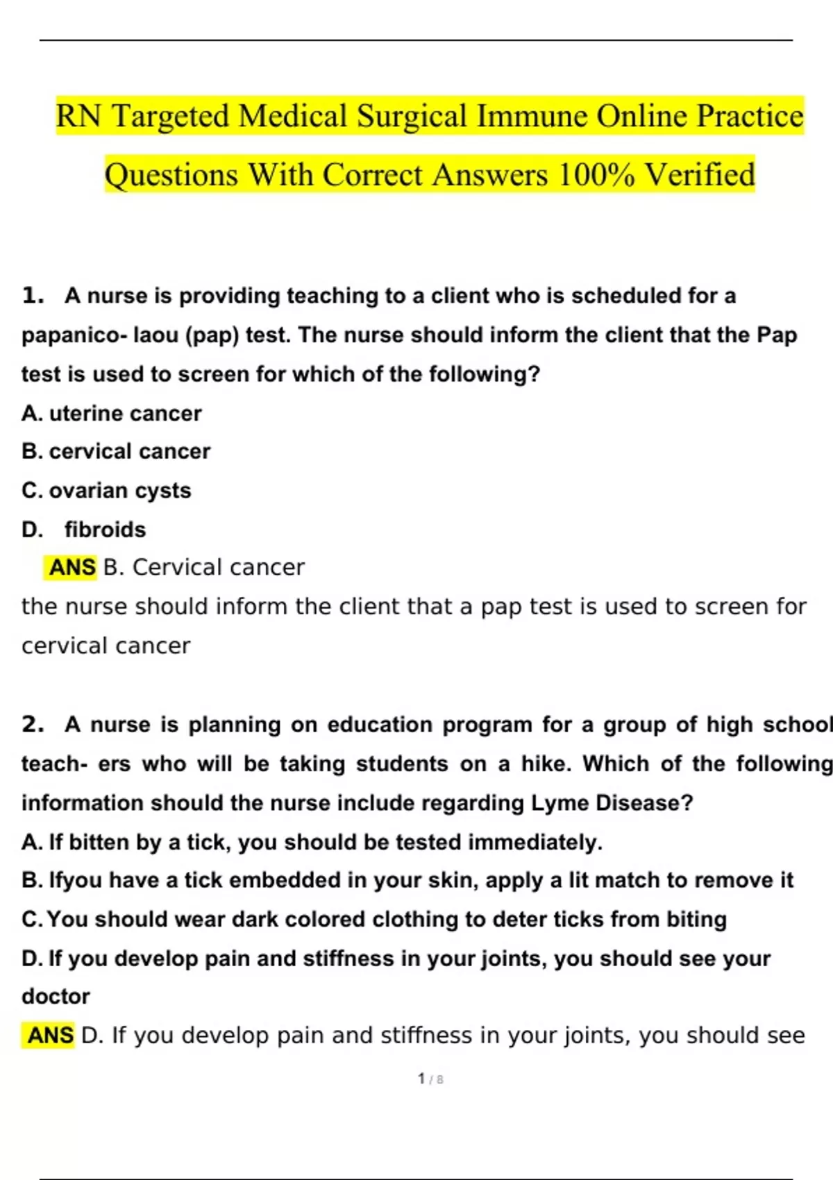 RN Targeted Medical Surgical Immune Online Practice Questions With ...