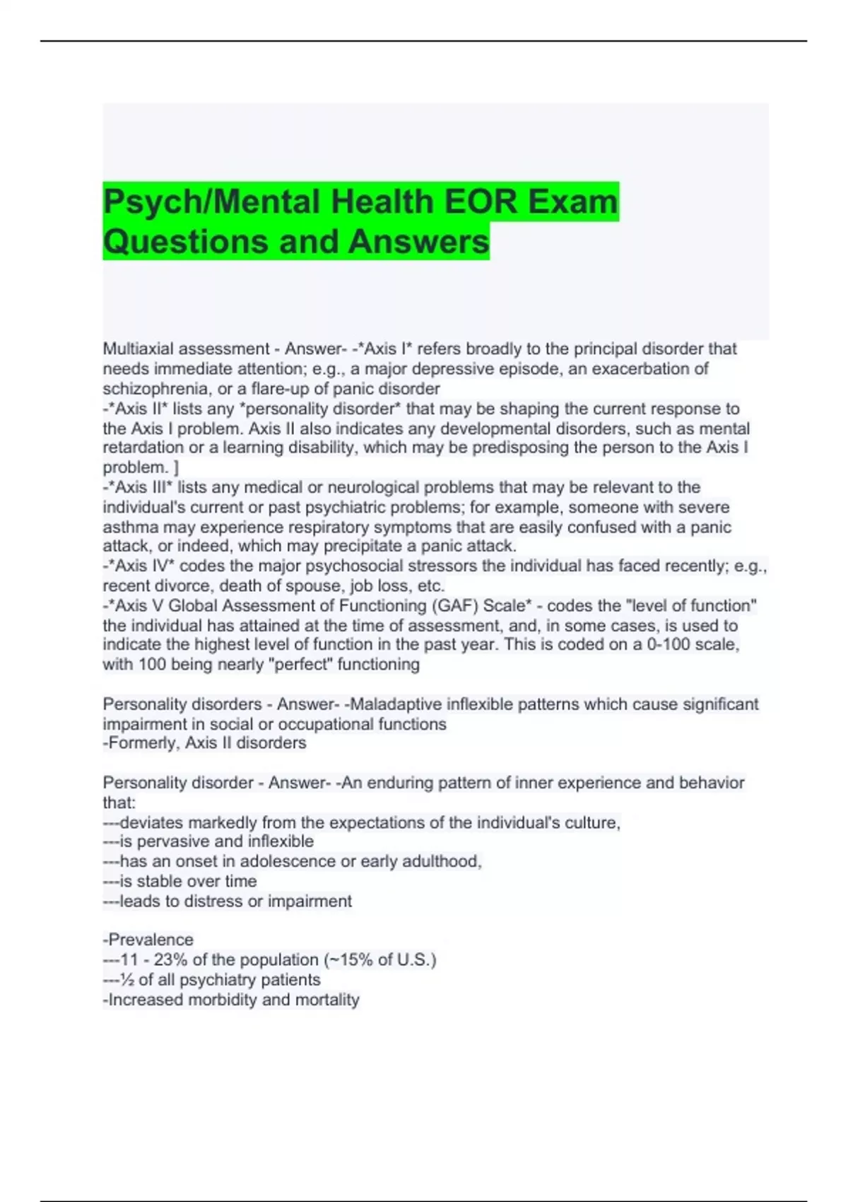 Psych-Mental Health EOR Exam Questions and Answers - Psych EOR - Stuvia UK