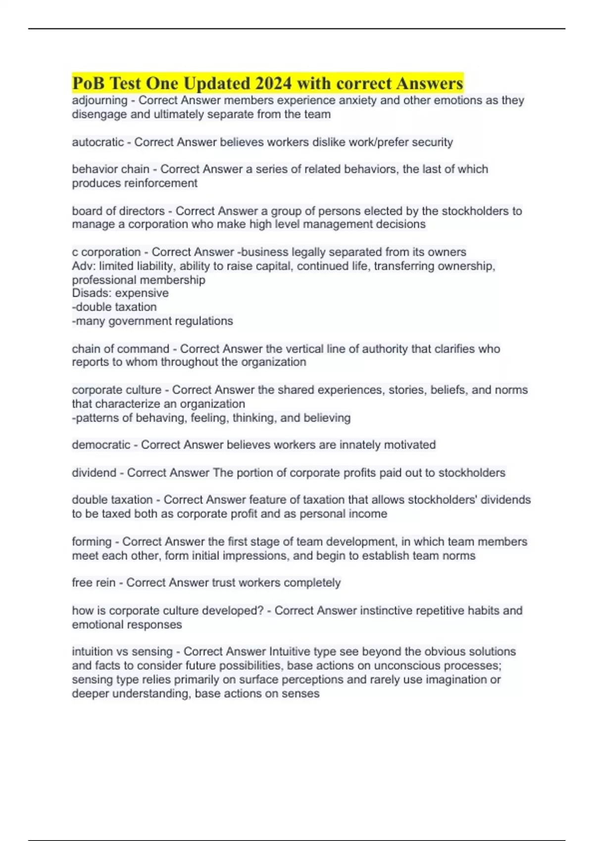 PoB Test One Updated 2024 with correct Answers - POB - Stuvia US