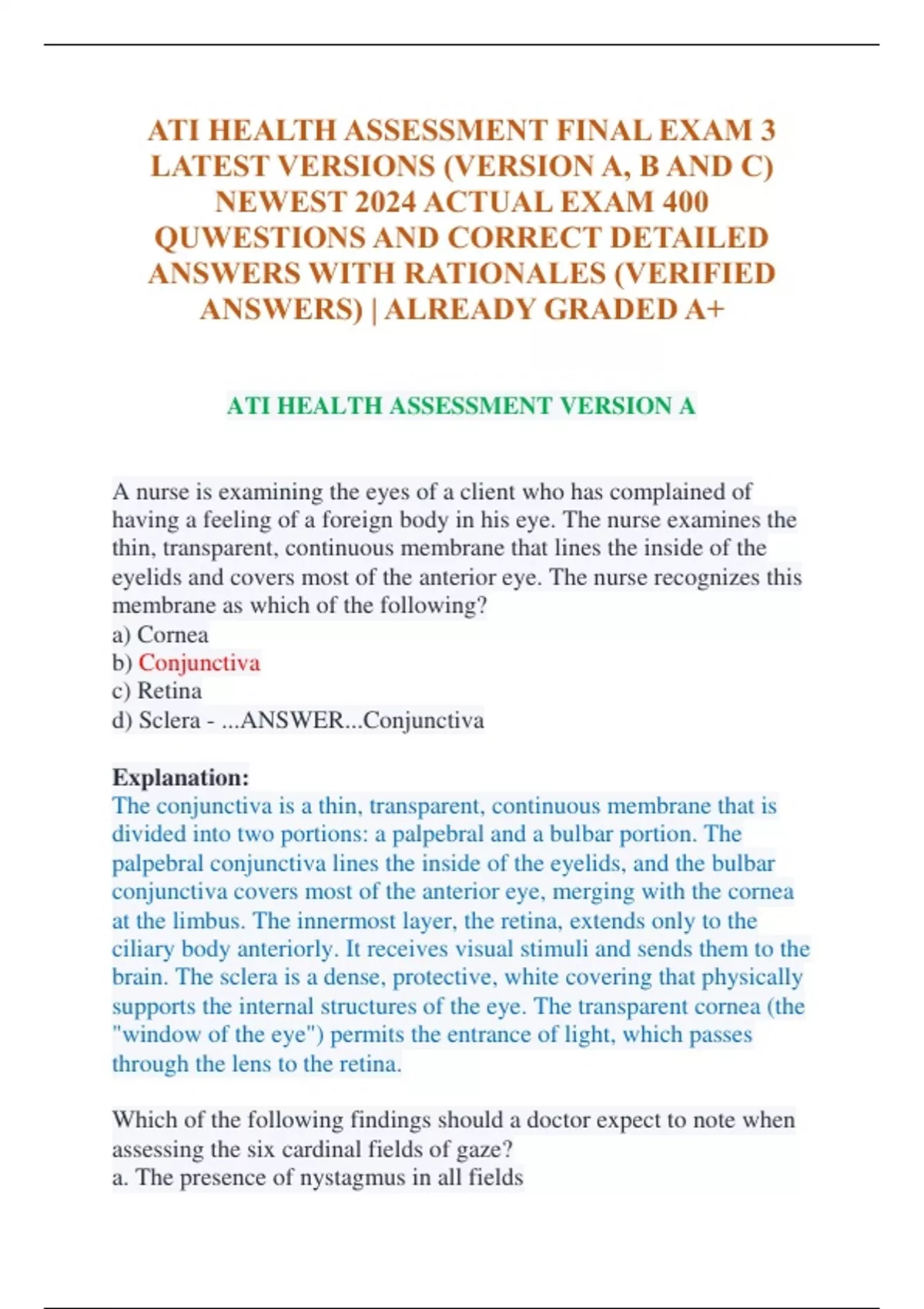 ATI HEALTH ASSESSMENT FINAL EXAM 3 LATEST VERSIONS (VERSION A, B AND C ...