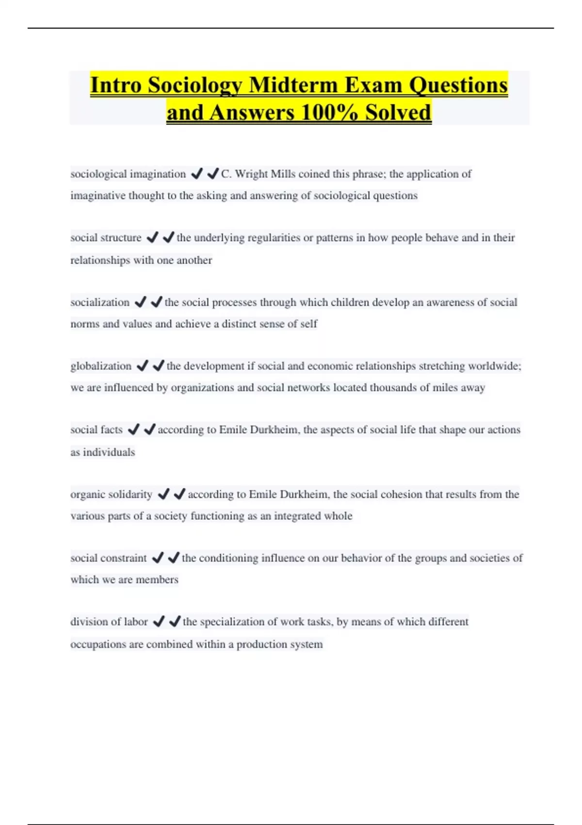 Intro Sociology Midterm Exam Questions and Answers 100% Solved - Intro Sociology - Stuvia US