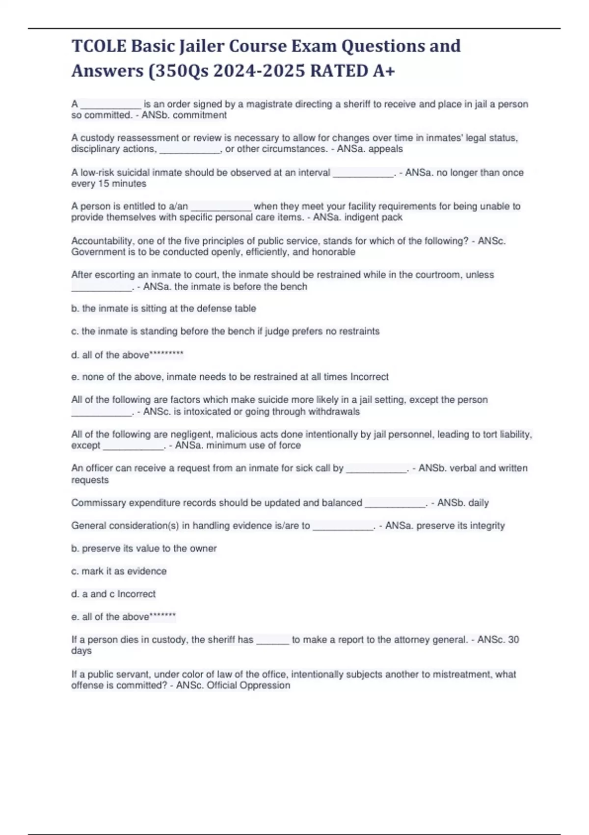 TCOLE Basic Jailer Course Exam Questions and Answers (350Qs RATED A+ ...