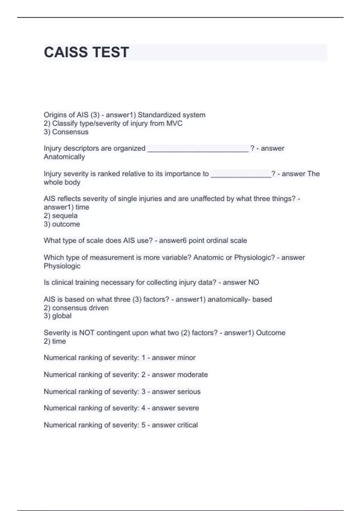 CAISS TEST QUESTIONS WITH CORRECT ANSWERS 2024 - CAISS - Stuvia US