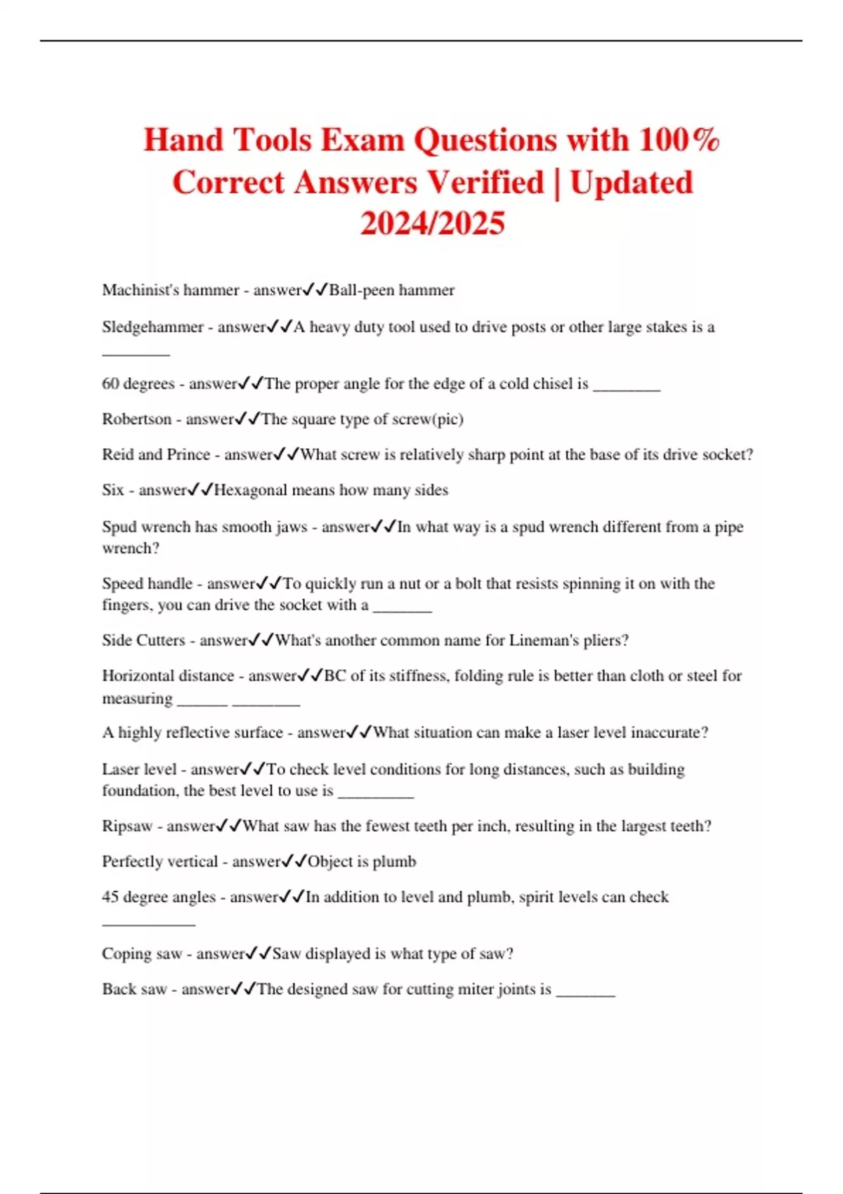 Hand Tools Exam Questions with 100% Correct Answers Verified | Updated ...