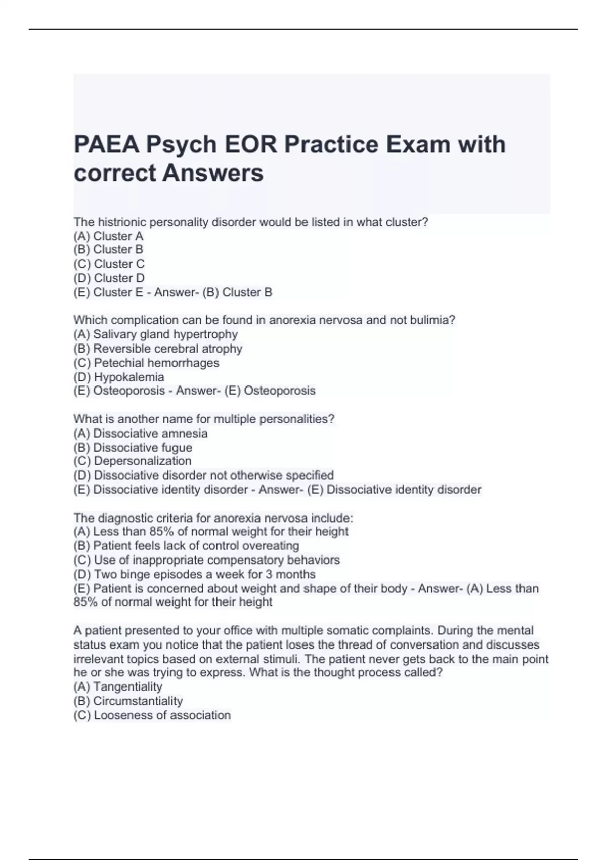 PAEA Psych EOR Practice Exam with correct Answers 2024 - Psych EOR ...