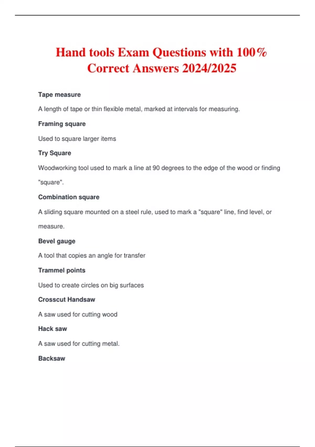 Hand tools Exam Questions with 100% Correct Answers 2024/2025 - Hand ...