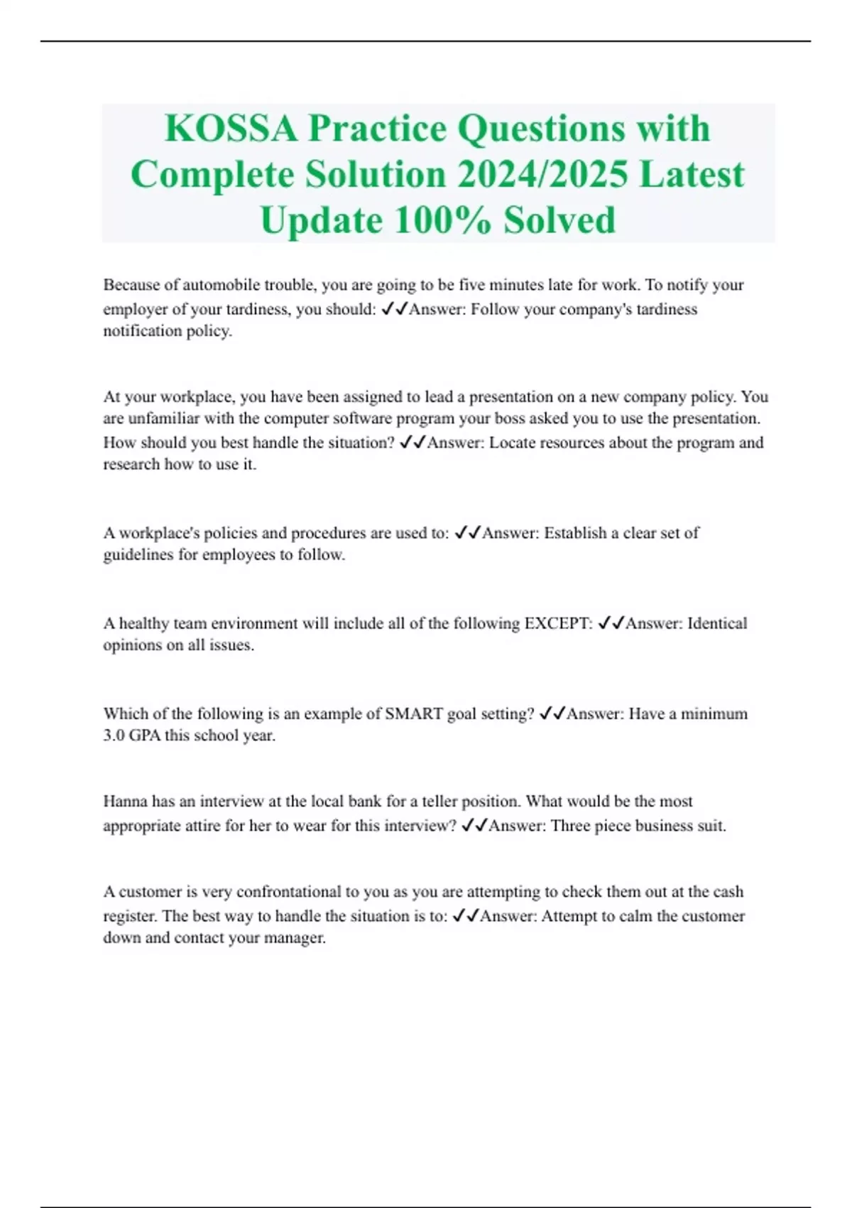 KOSSA Practice Questions with Complete Solution 2024/2025 Latest Update ...