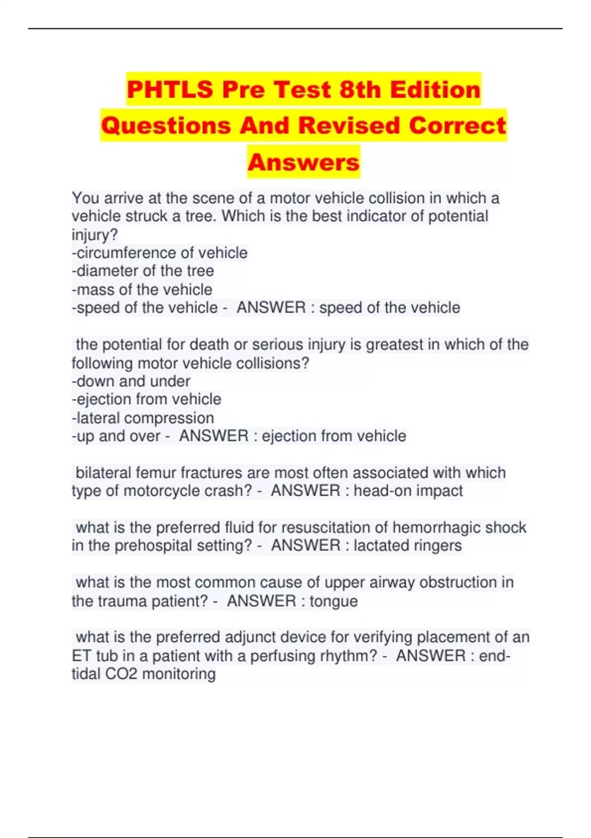 PHTLS Pre Test 8th Edition Questions And Revised Correct Answers ...